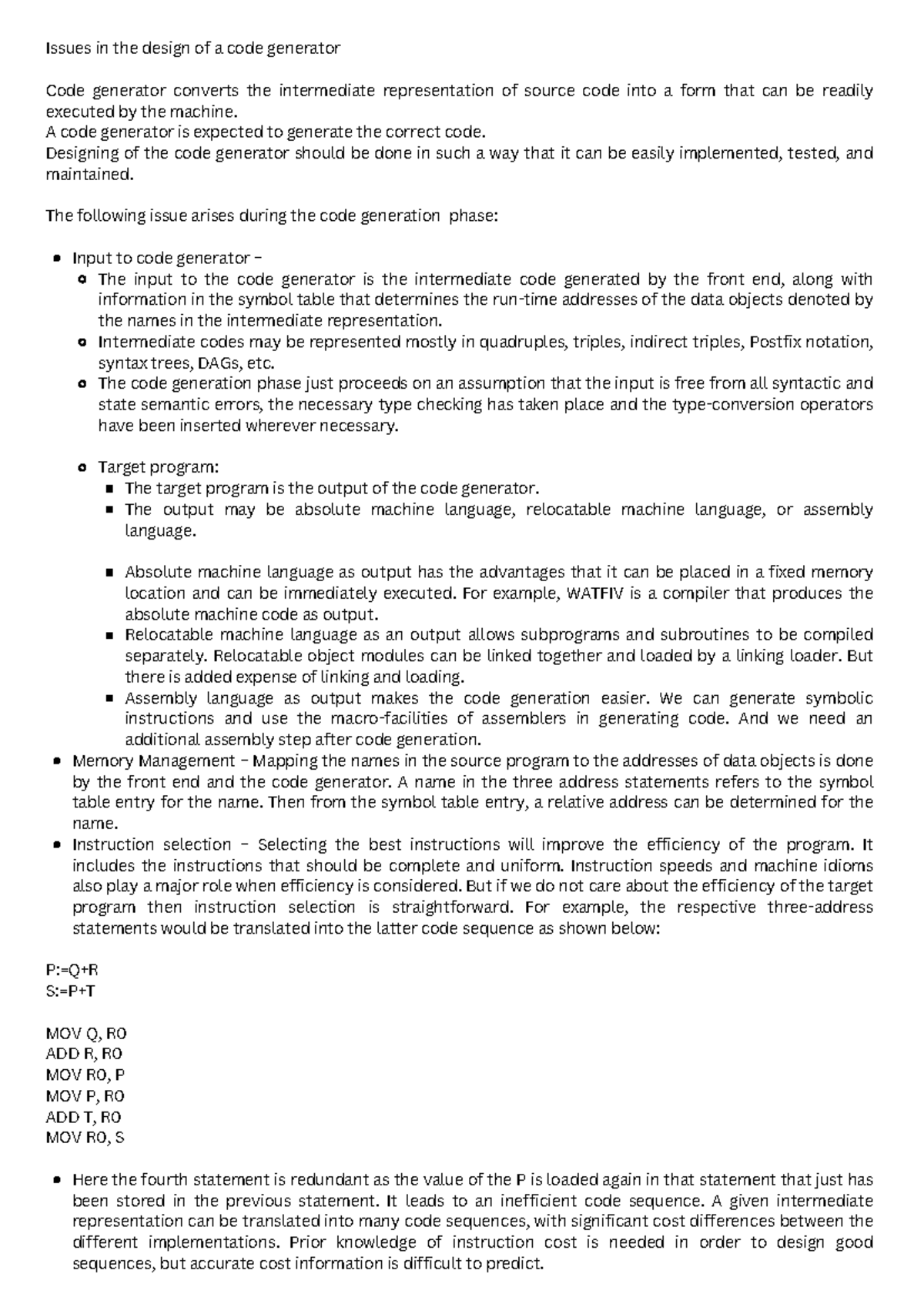 CD4 - Issues in the design of a code generator Code generator converts ...