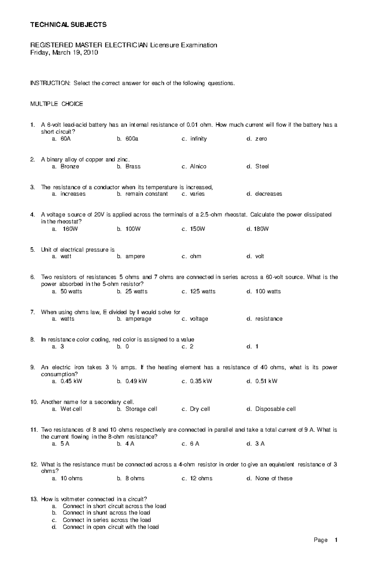 50 RME Problems for Basic Electricity and Ohms Law - REGISTERED MASTER ...