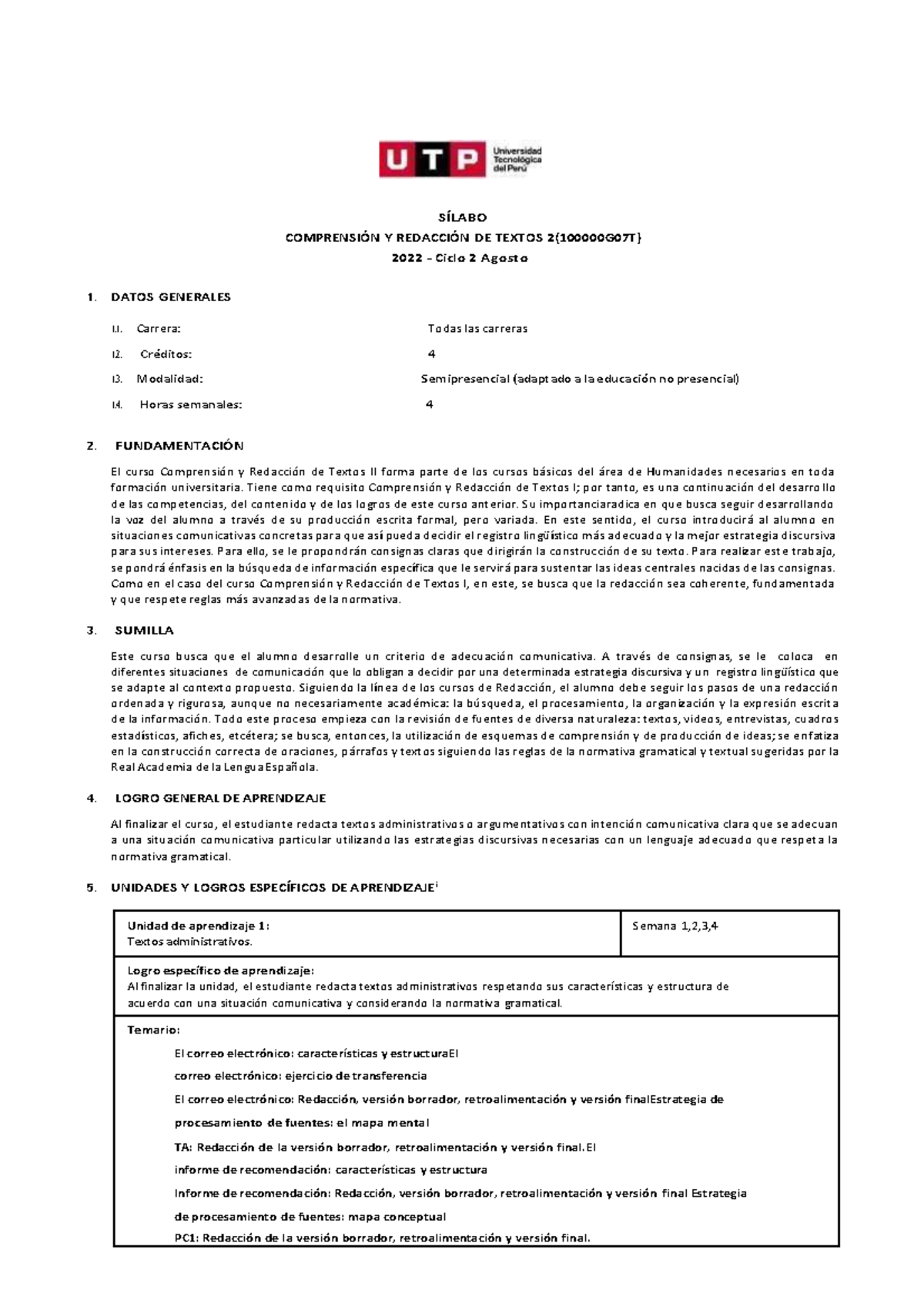 100000 G07T Comprensiónyredaccióndetextos II R - SÕLABO COMPRENSI”N Y REDACCI”N DE TEXTOS - Studocu