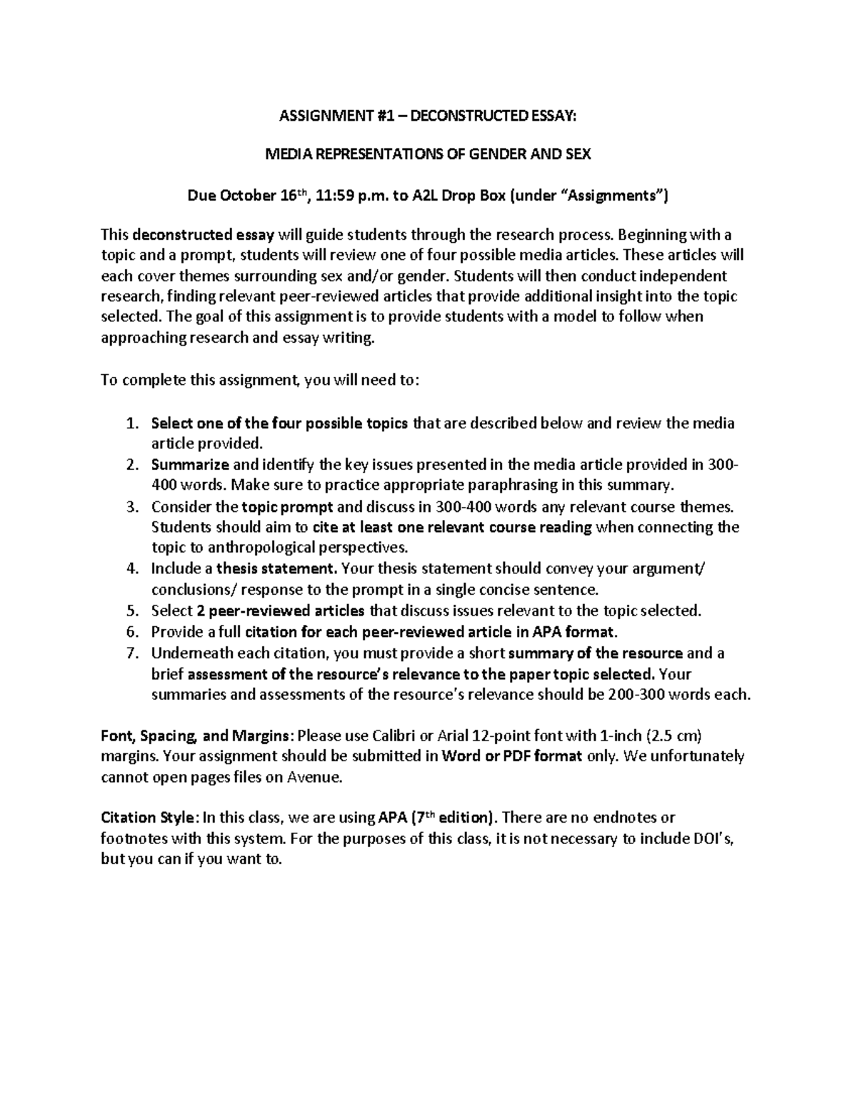 Assignment 1 Instructions - ASSIGNMENT #1 – DECONSTRUCTED ESSAY: MEDIA REPRESENTATIONS OF GENDER ...