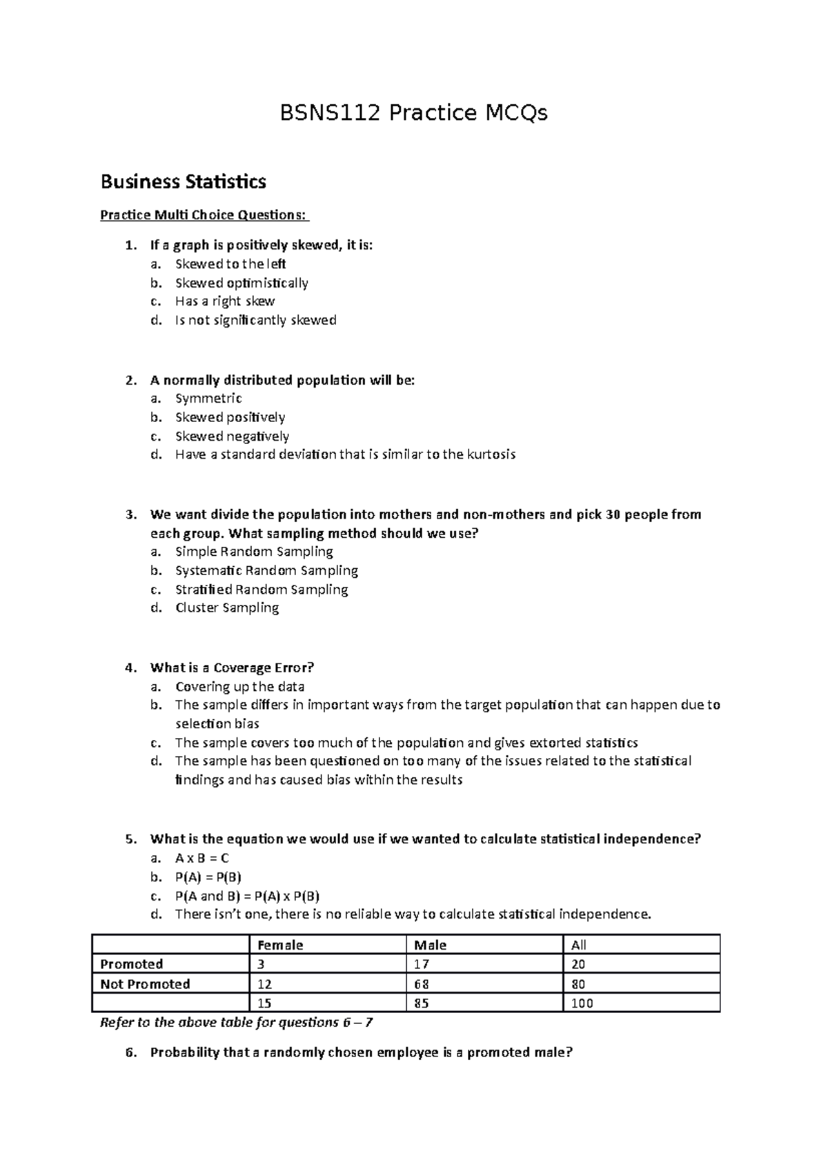 Knox BSNS112 Practice EXAM - BSNS112 Practice MCQs Business Statistics Practice Multi Choice ...