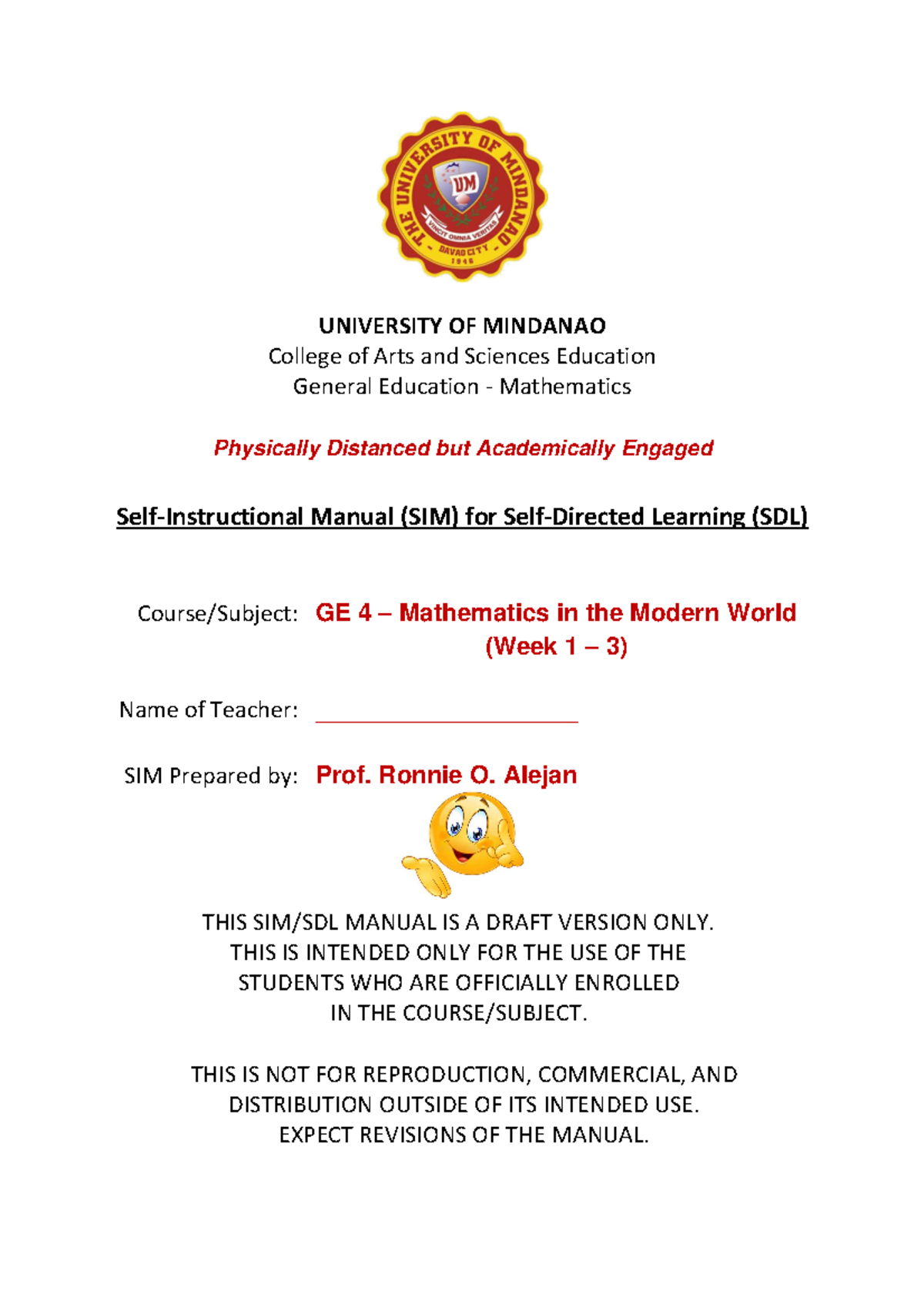 GE 4-MMW-Week 1-3 (Updated)-2022 - UNIVERSITY OF MINDANAO College of Arts and Sciences Education ...