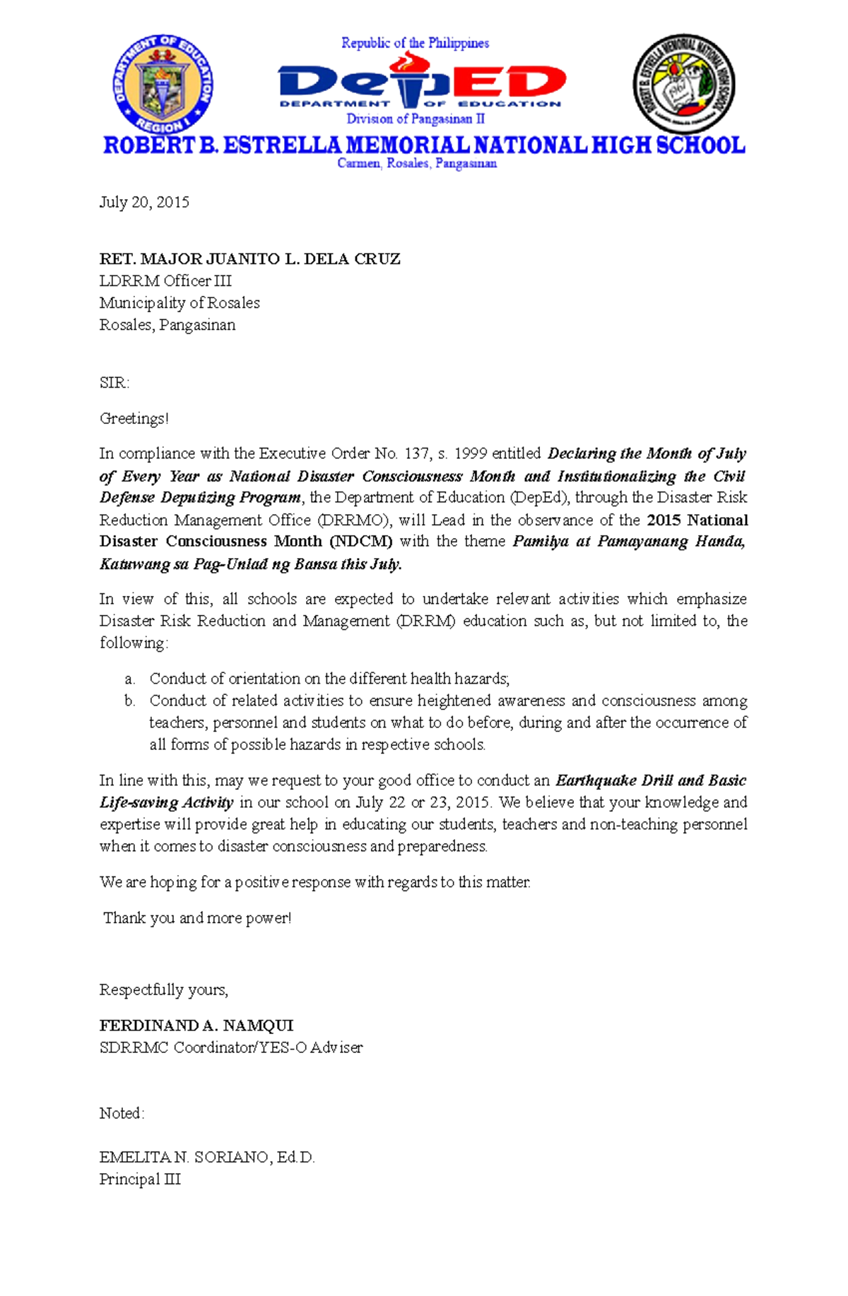 Request for earth quake drill - Copy - July 20, 2015 RET. MAJOR JUANITO ...