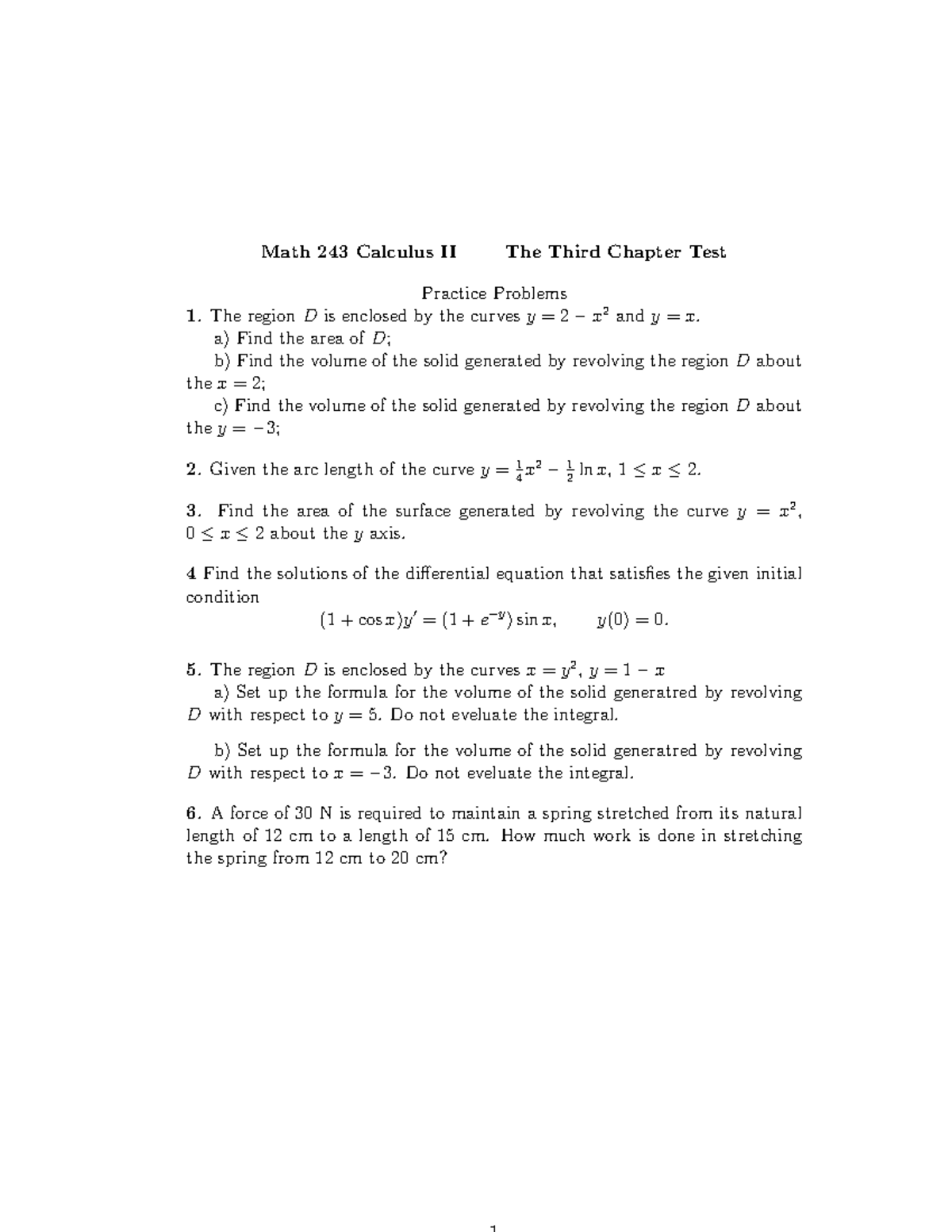 Test 3 Practice Problems - Math 243 Calculus II The Third Chapter Test ...