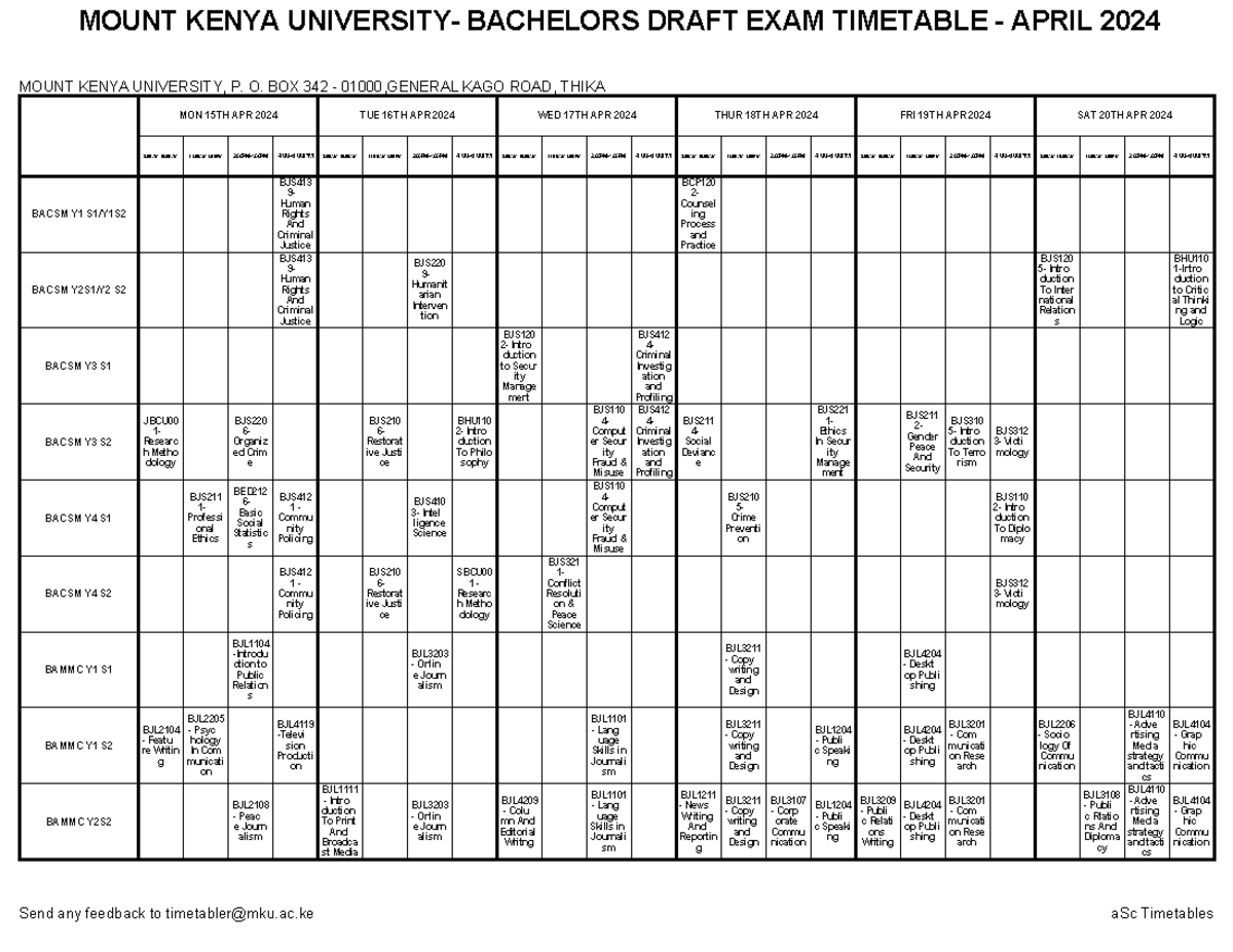 Bachelors Draft Virtual EXAM Timetable - April 2024 - MOUNT KENYA UNIVERSITY, P. O. BOX 342 ...