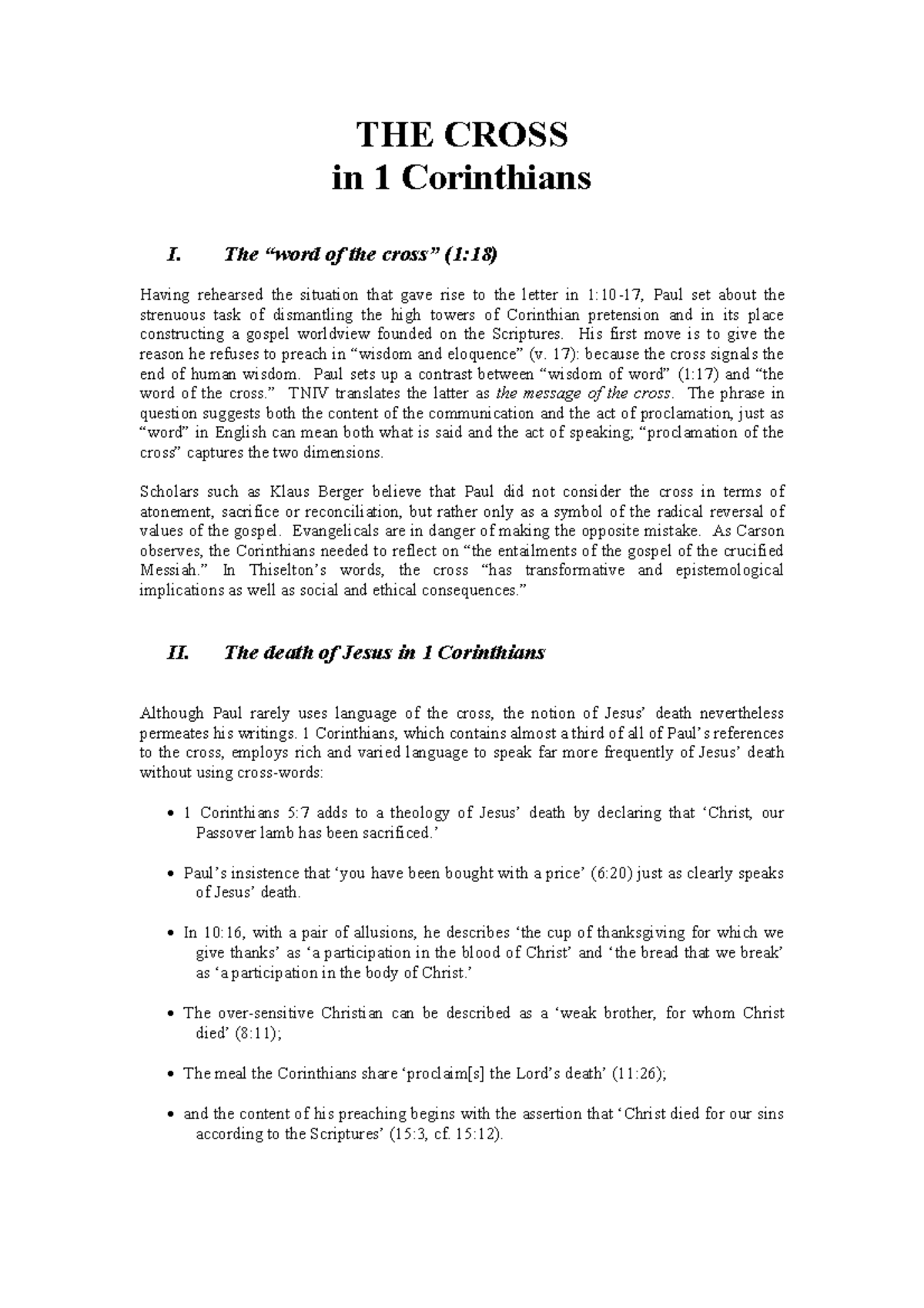 The Cross in 1 Corinthians - THE CROSS in 1 Corinthians I. The “word of ...