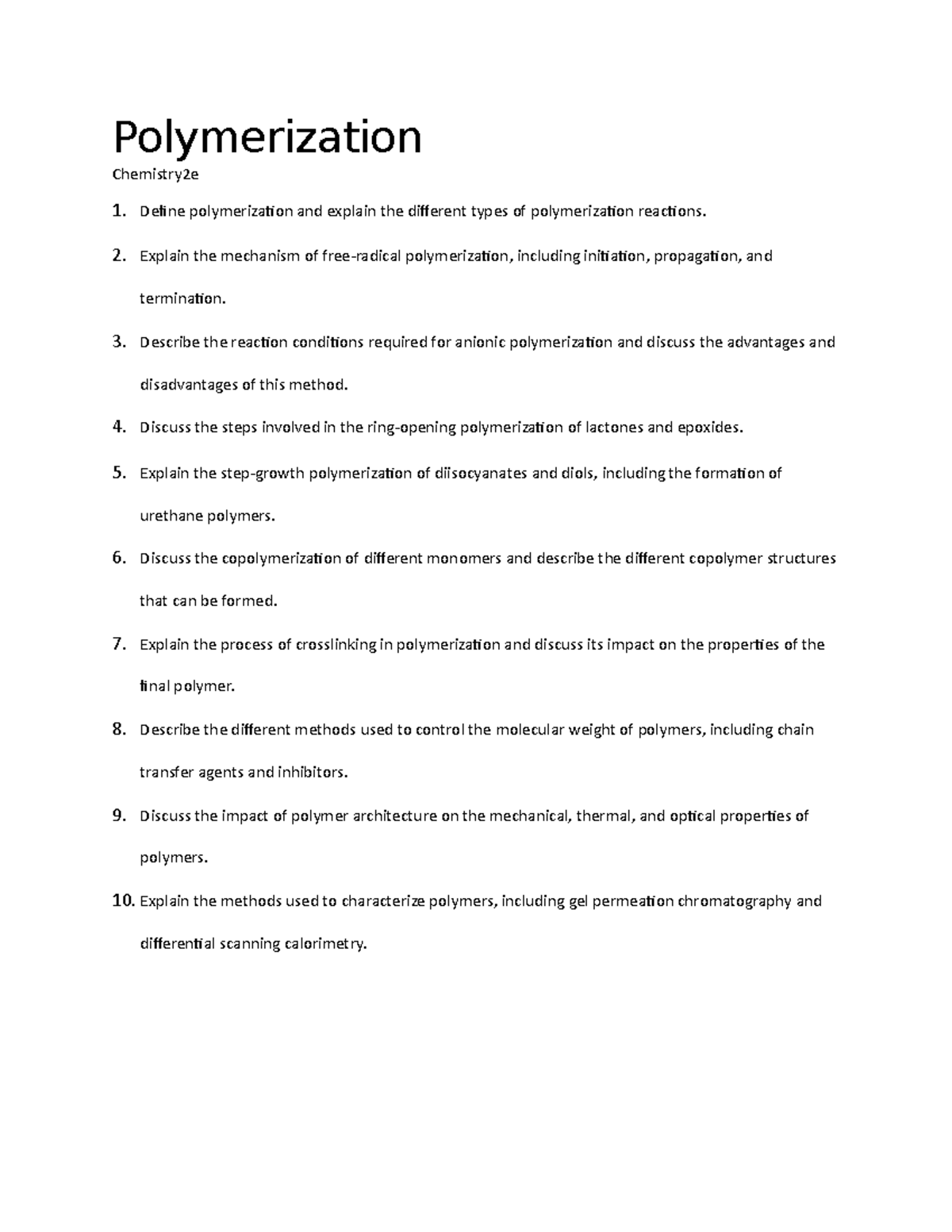 Polymerization - self-made worksheet for chemistry 102 - Polymerization ...