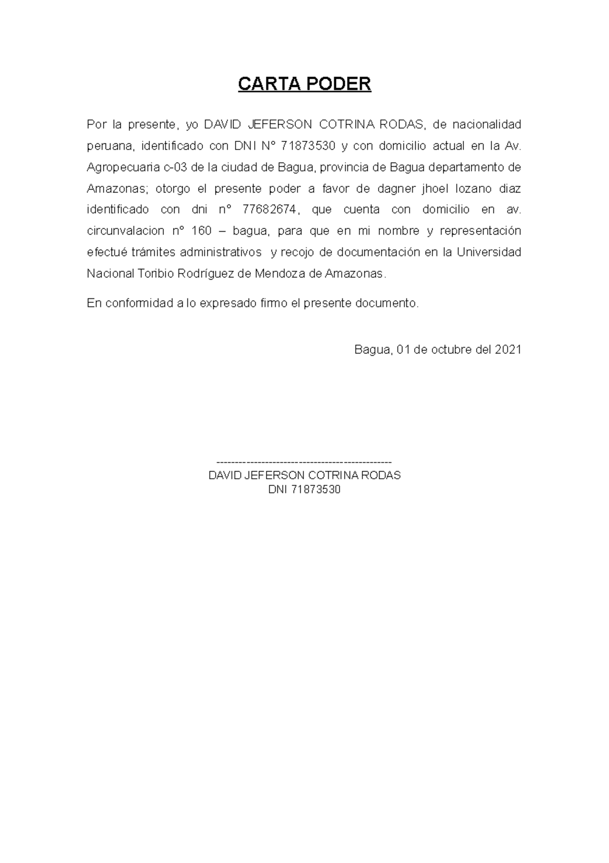 Carta poder - admid - CARTA PODER Por la presente, yo DAVID JEFERSON ...