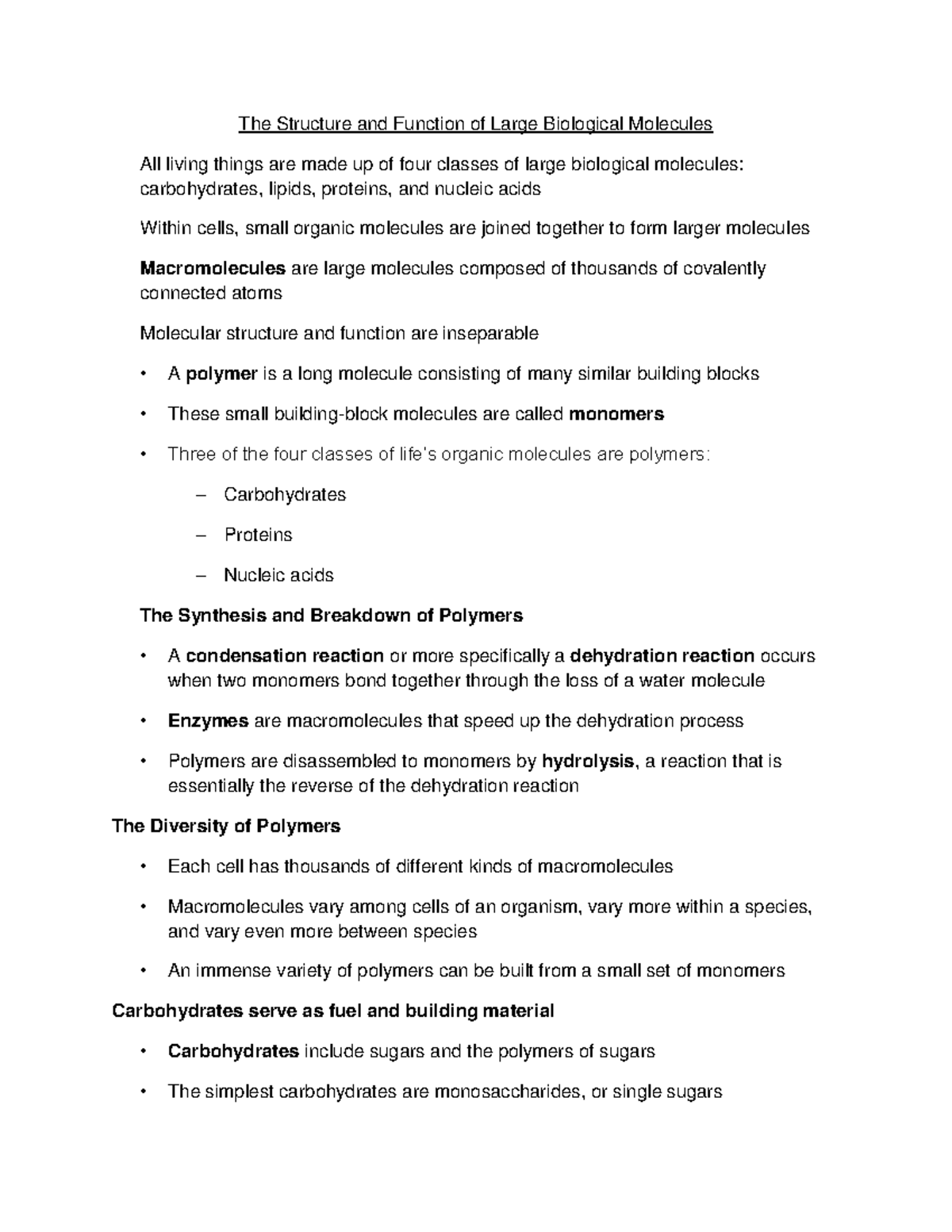 The Structure and Function of Large Biological Molecules Bio 2000 ...