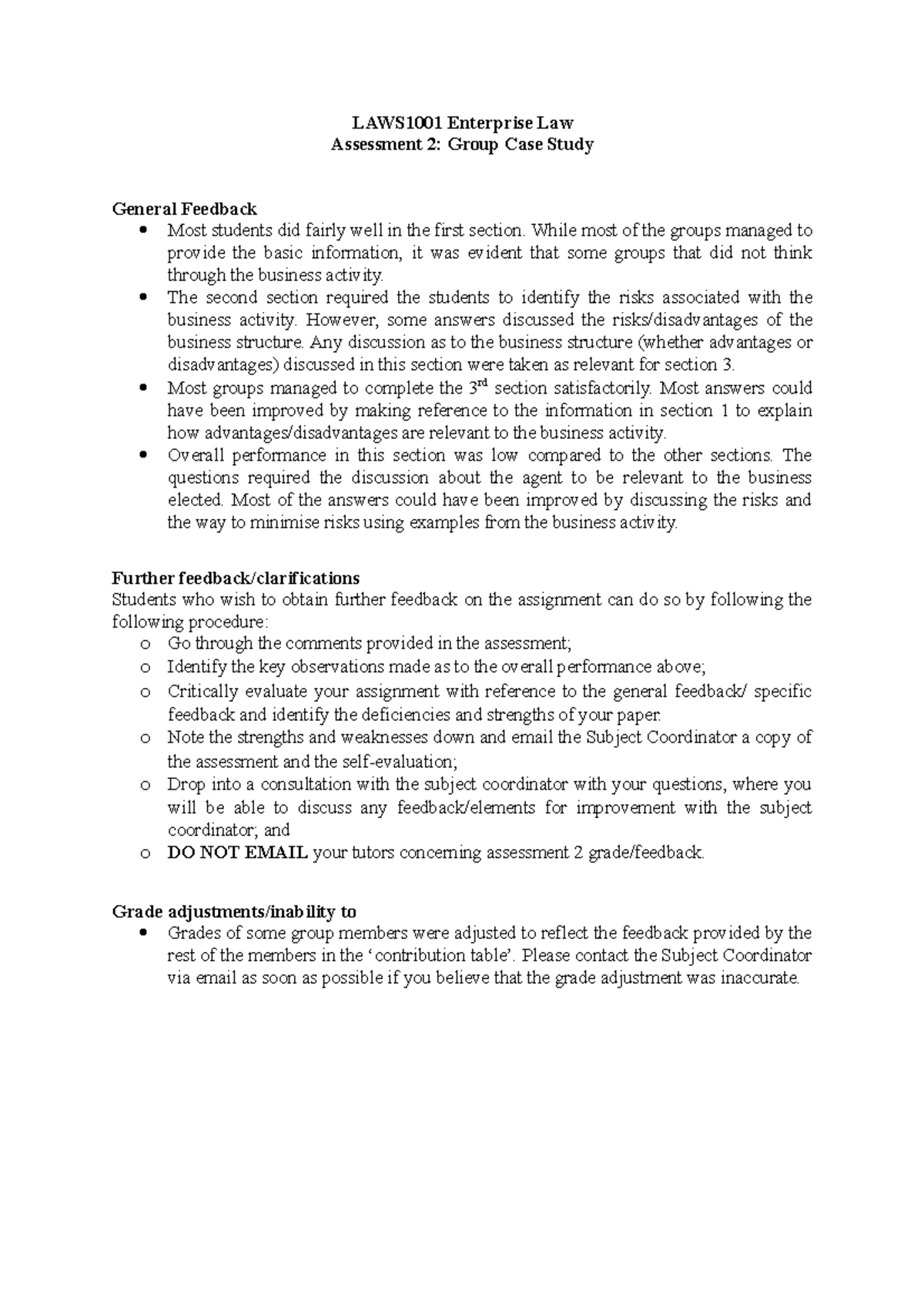 General Feedback - bdfbdf - LAWS1001 Enterprise Law Assessment 2: Group ...