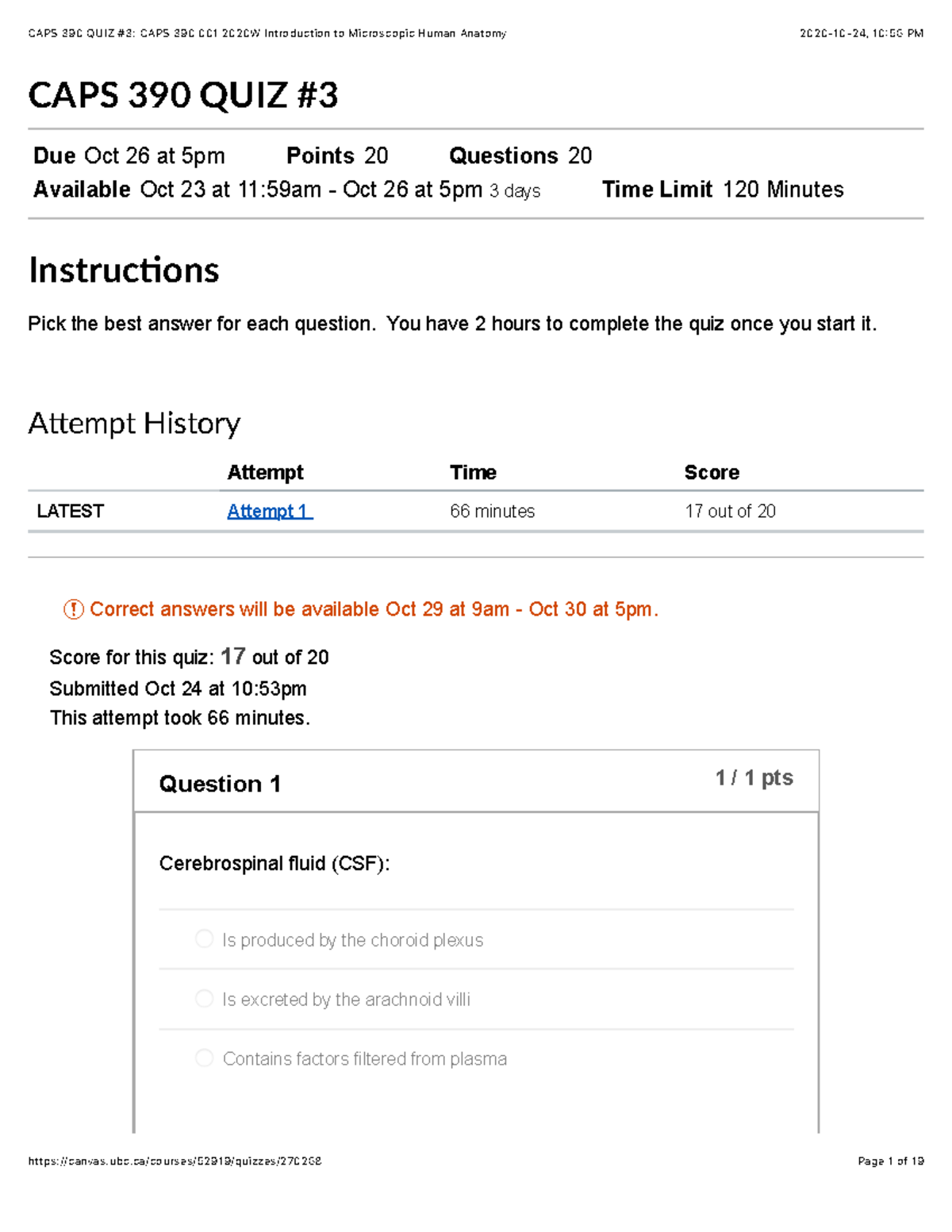 CAPS 390 QUIZ #3: CAPS 390 001 2020W Introduction to Microscopic Human ...