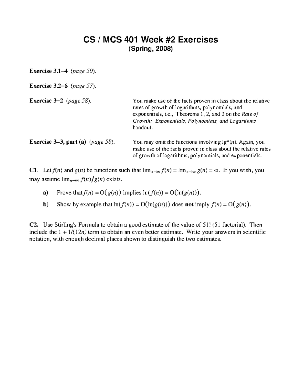 CS - M CS 401 Exercises Week #2 - CS MCS 401 Week Exercises (Spring ...