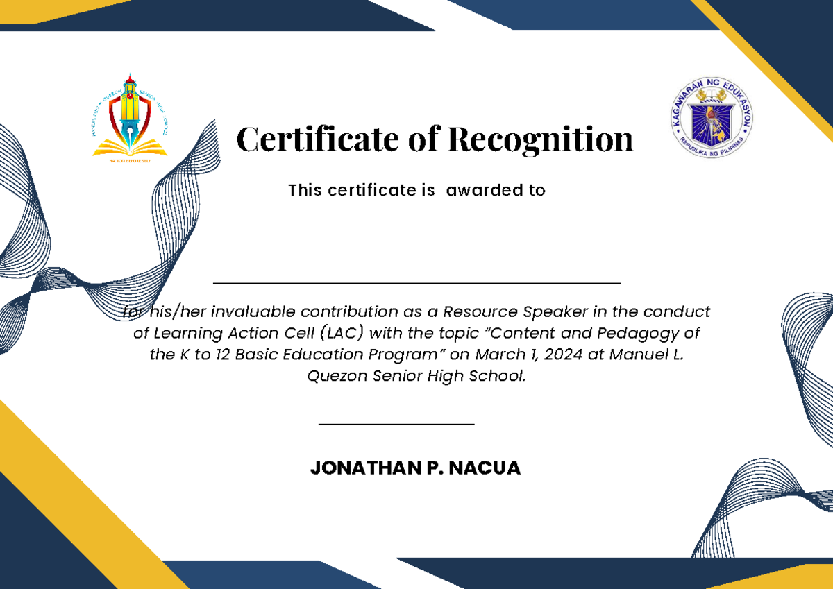 Certificate of Recognition Template LAC - This certificate is awarded ...