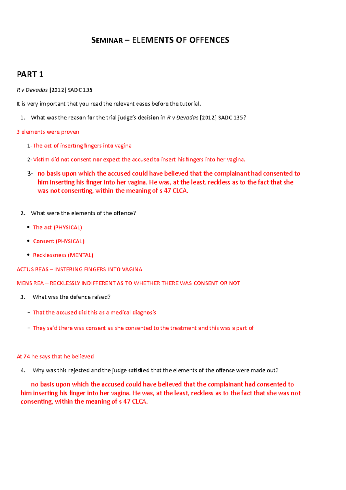 Tute 2 - elements of the offence - SEMINAR – ELEMENTS OF OFFENCES PART ...