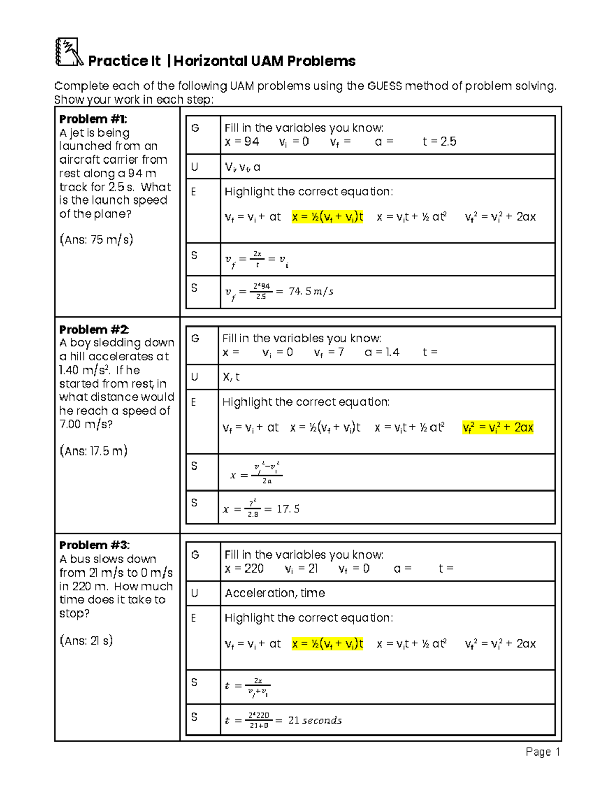1A.5 Practice It UAM Problems - 1D Horizontal - Practice It ...