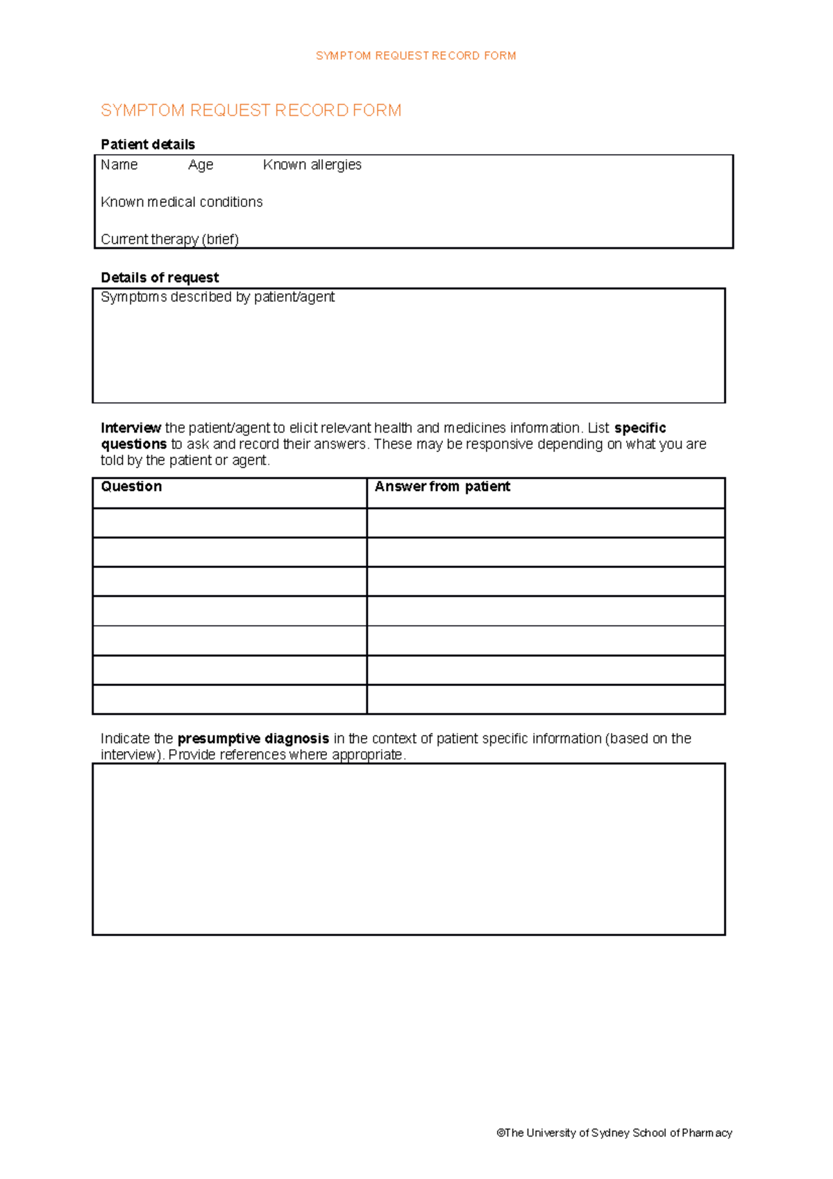 Blank Symptom request record form - SYMPTOM REQUEST RECORD FORM SYMPTOM ...