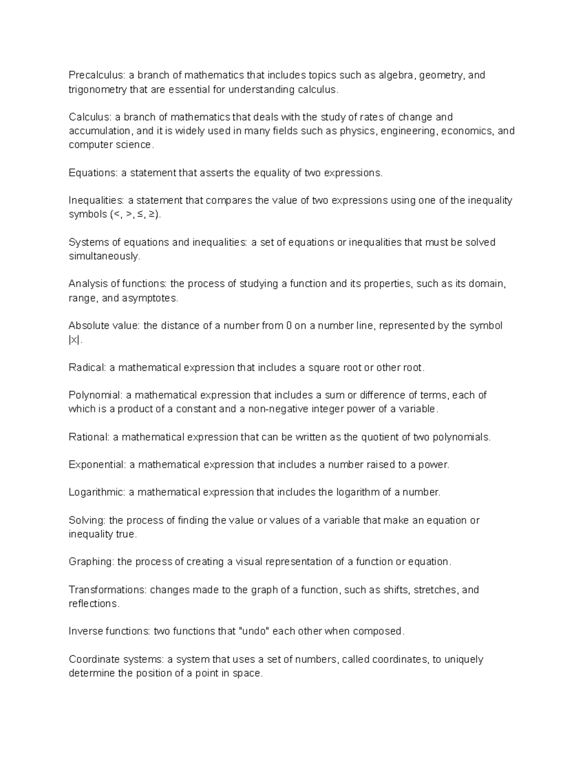 MAT-171 Precalculus Algebra Vocabulary - Precalculus: a branch of ...