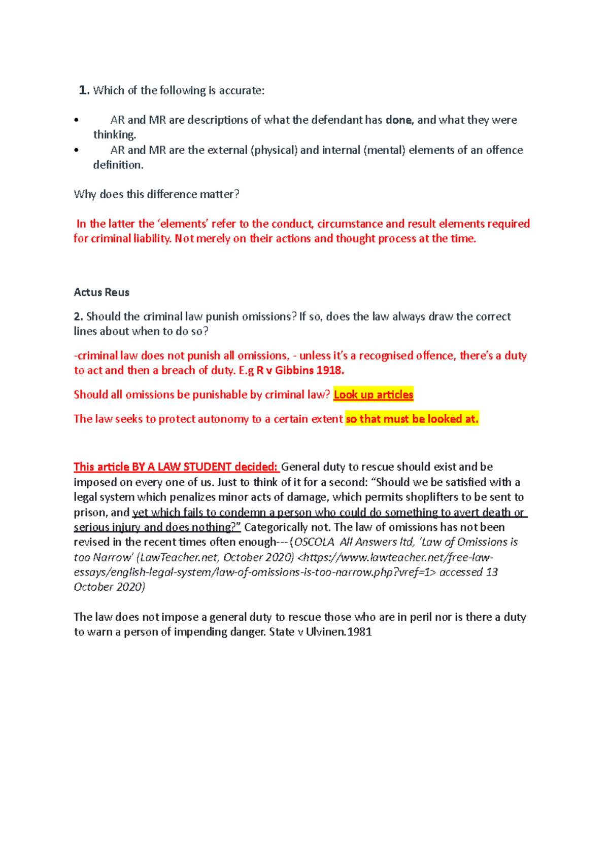 Seminar 1 criminal law - Which of the following is accurate: AR and MR ...