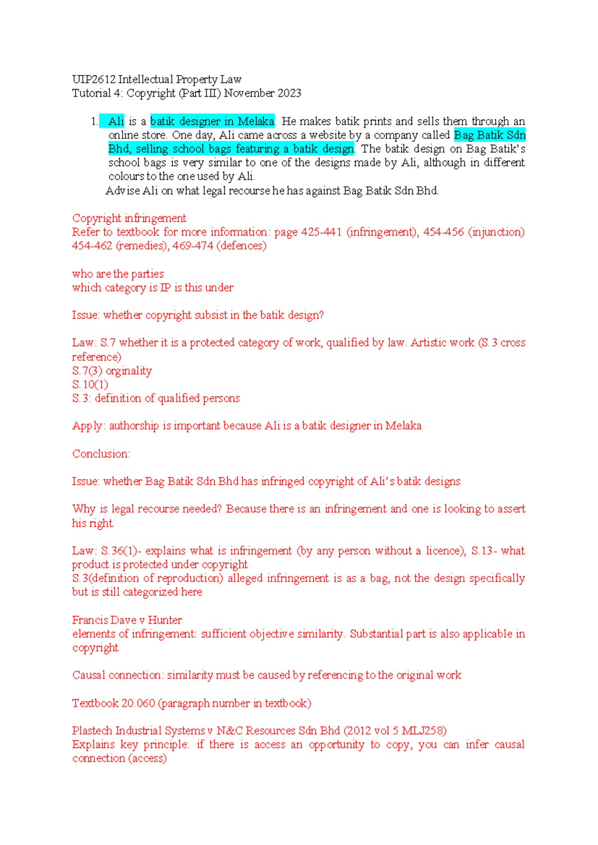 Tutorial 4 Intellectual Property - UIP2612 Intellectual Property Law Tutorial 4: Copyright (Part ...