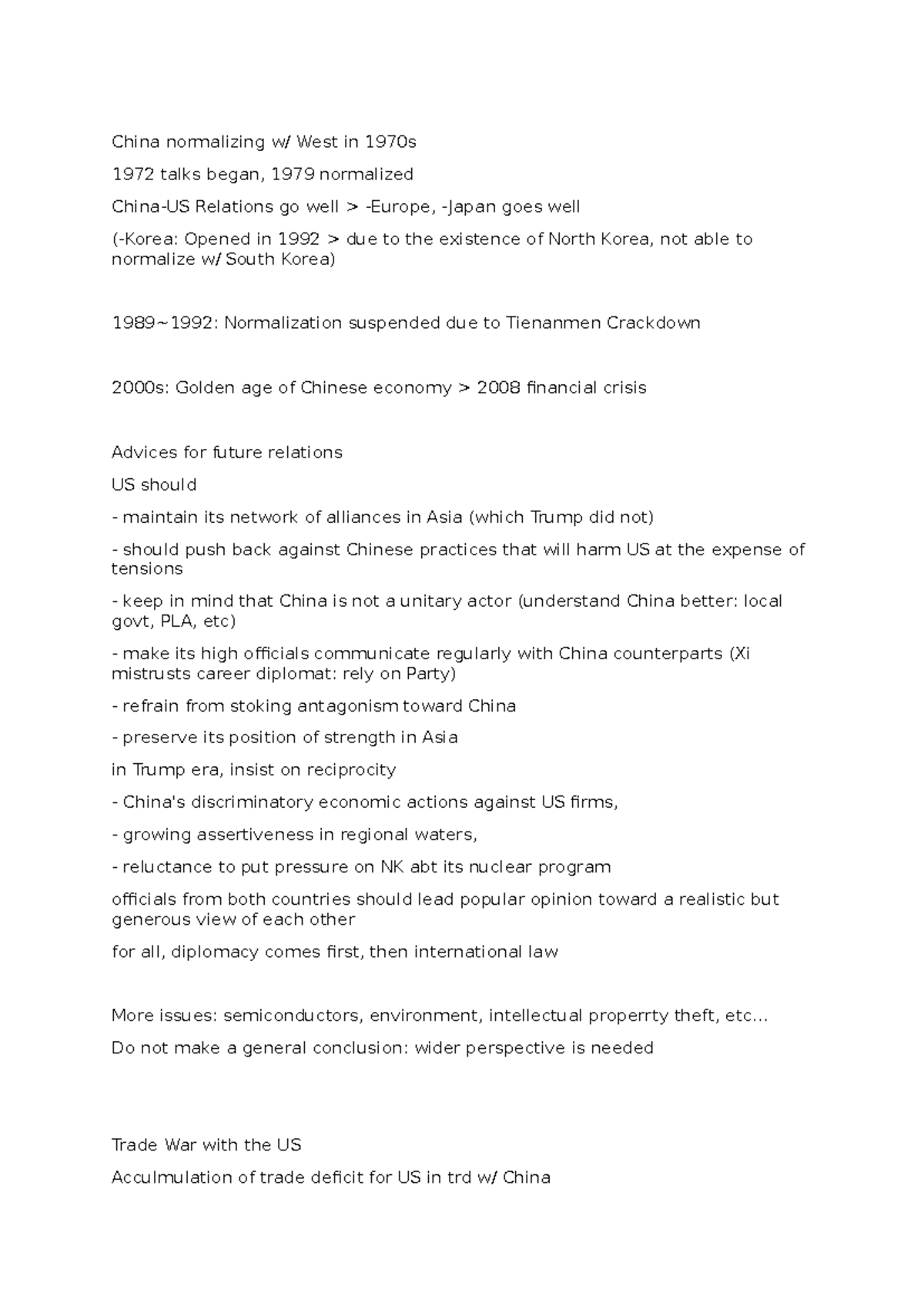 US-China Relationship Summary - China normalizing w/ West in 1970s 1972 ...