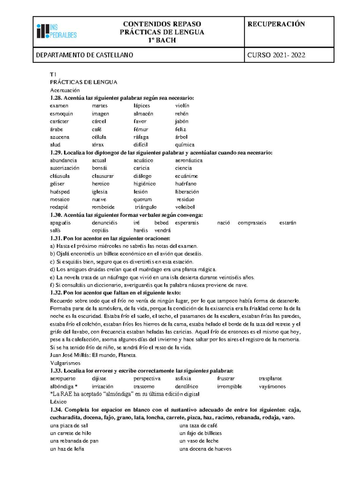 Repaso-Practicas de lengua - PRÁCTICAS DE LENGUA 1º BACH DEPARTAMENTO ...