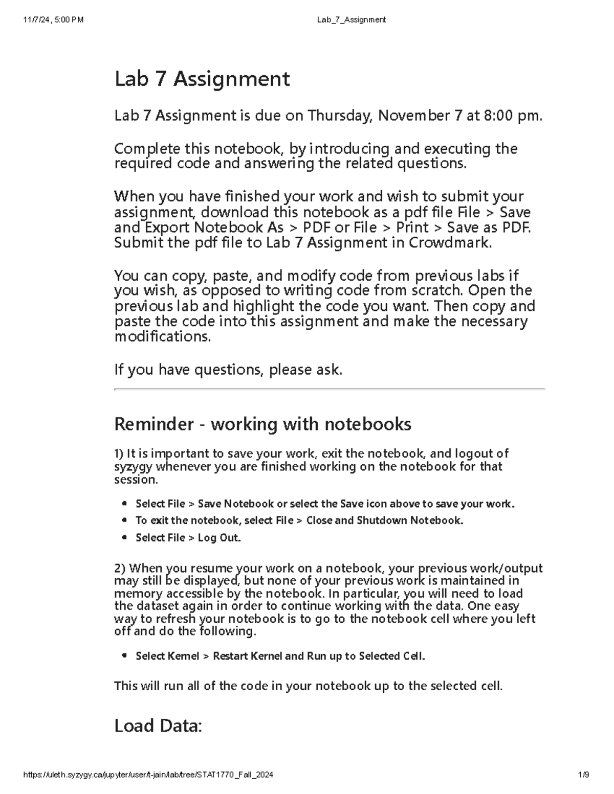Stats LAB 7 - wajkbsidvhj - Lab 7 Assignment Lab 7 Assignment is due on Thursday, November 7 at ...