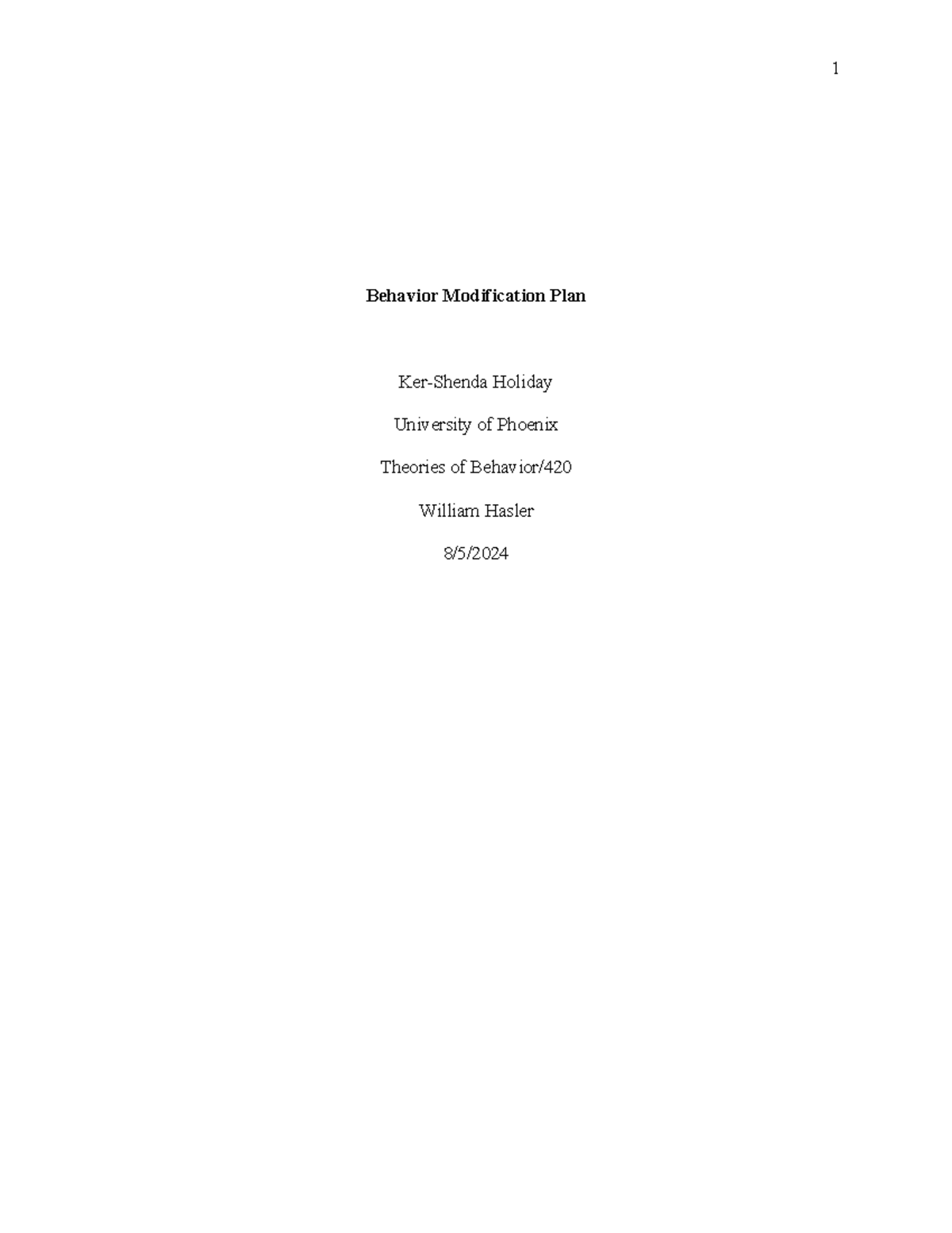 Wk 5 Behavior Modification Plan - Behavior Modification Plan Ker-Shenda ...