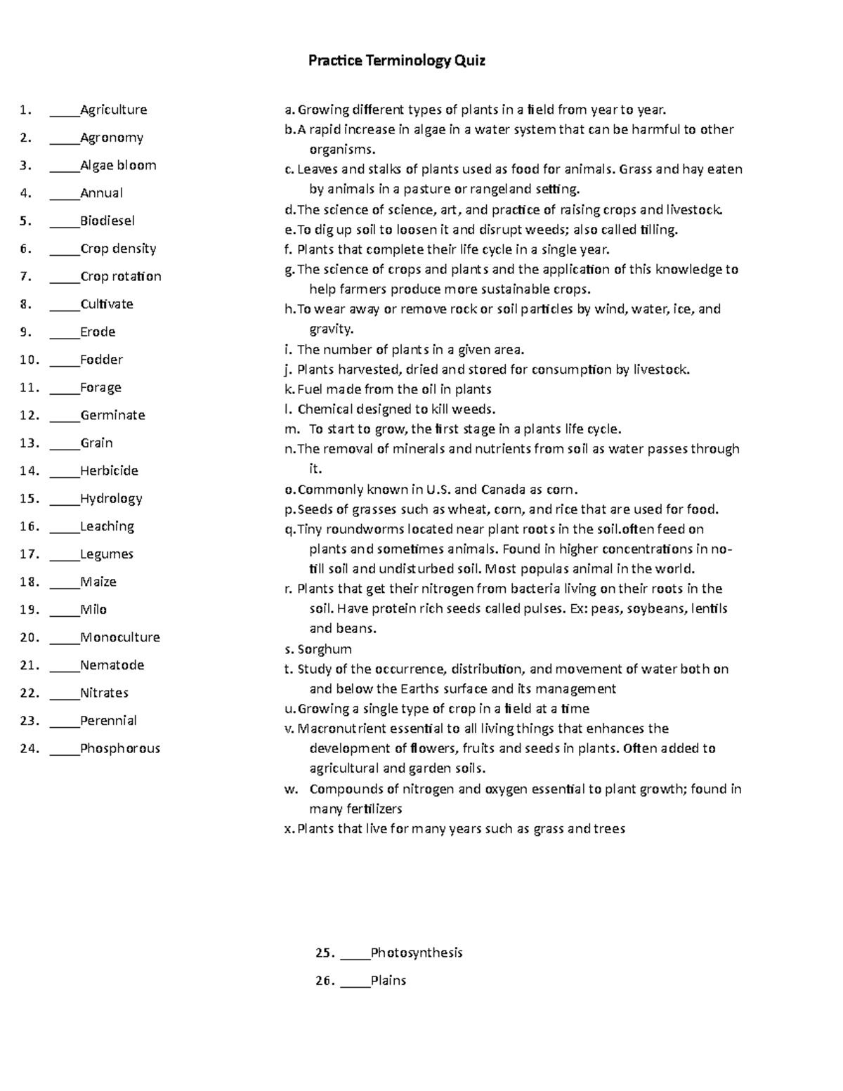 Terminolgy Practice Quiz - Practice Terminology Quiz ____Agriculture ...