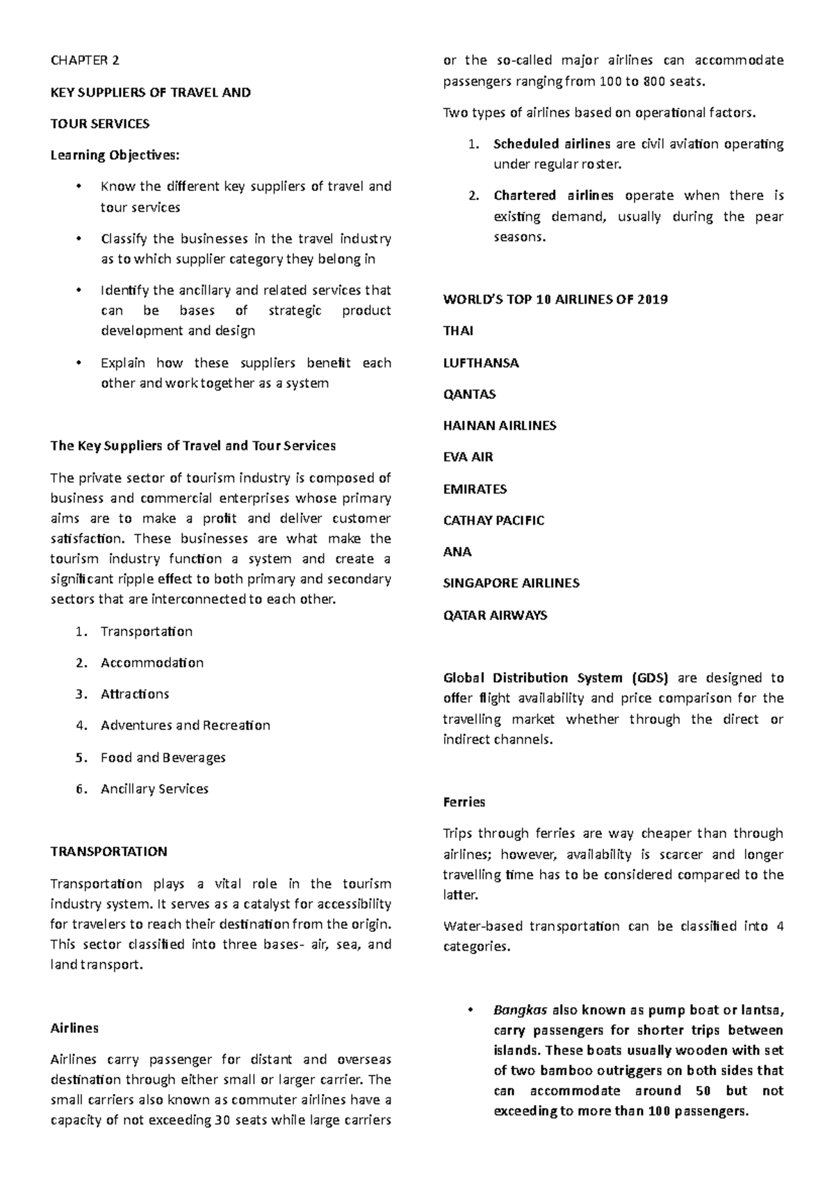 TOUR AND Travel CHAP 2-3 - CHAPTER 2 KEY SUPPLIERS OF TRAVEL AND TOUR ...