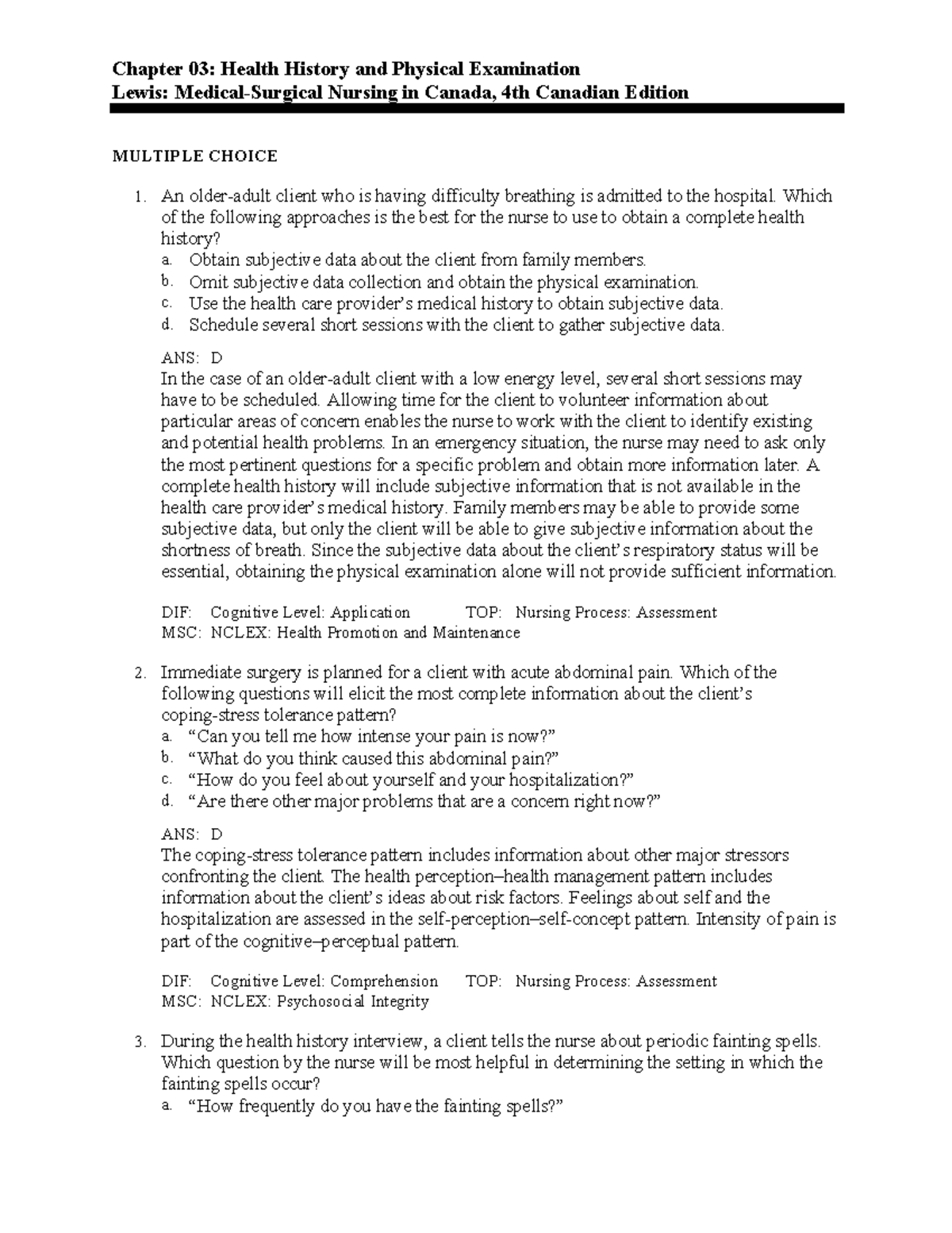 Practice questions - Chapter 03: Health History and Physical ...