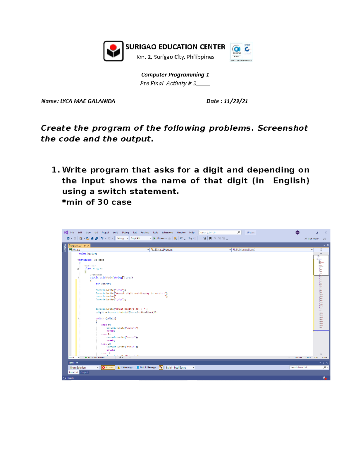 Computer Prog 1 Activity 2 (Pre Final) - Chemistry - SURIGAO EDUCATION ...