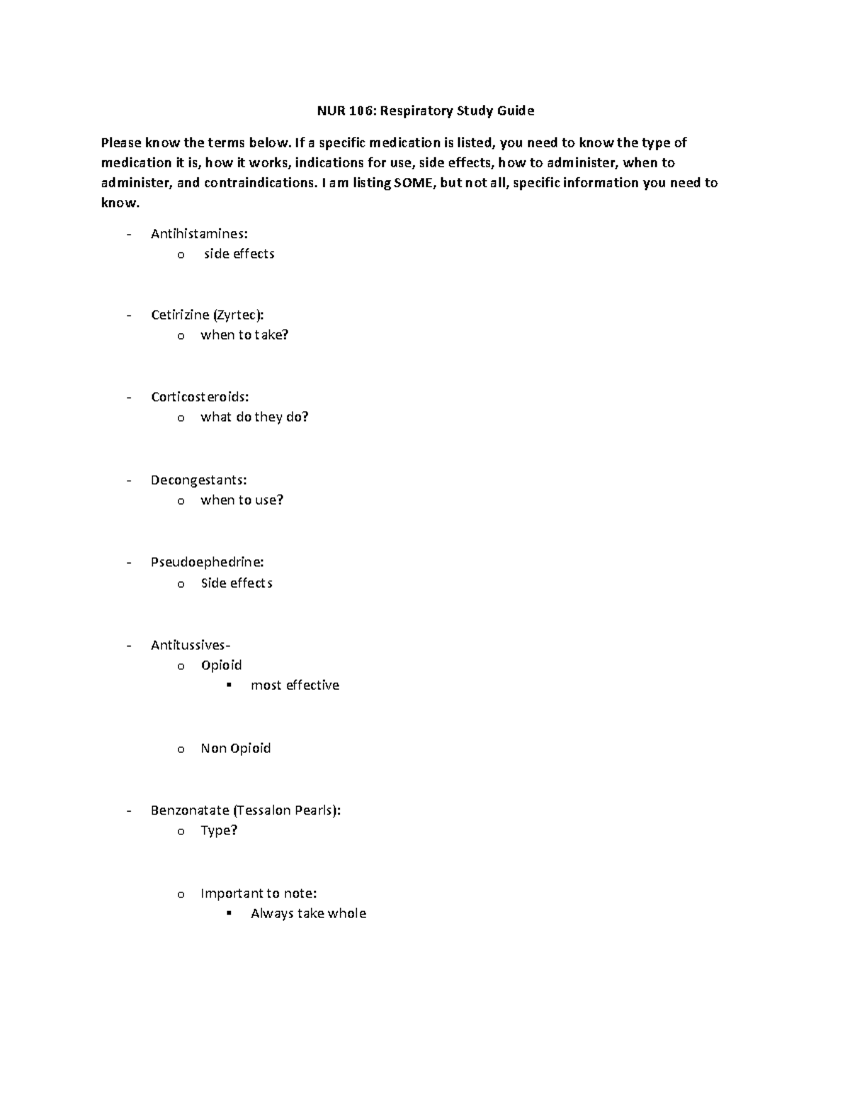 Respiratory Study Guide - NUR 106: Respiratory Study Guide Please know ...