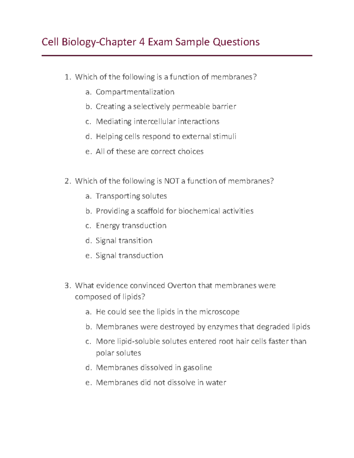 CB-CH4 exam samples - Notes - Cell Biology-Chapter 4 Exam Sample ...