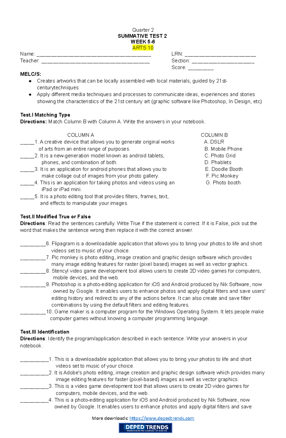 St arts 10 wk5-6 - Summary test - Quarter 2 SUMMATIVE TEST 2 WEEK 5 ...