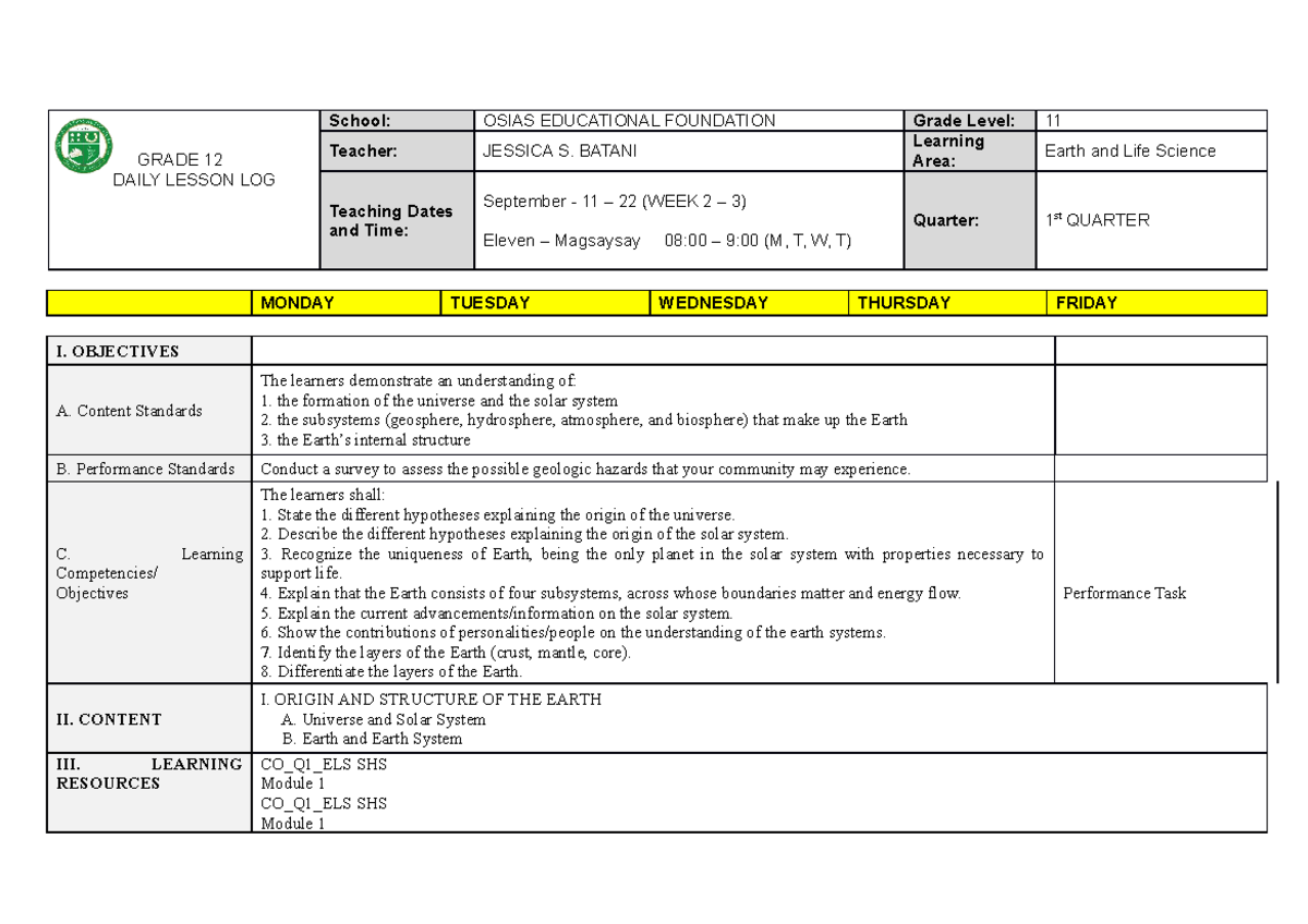 Grade 11 - AELS - reference - GRADE 12 DAILY LESSON LOG School: OSIAS ...