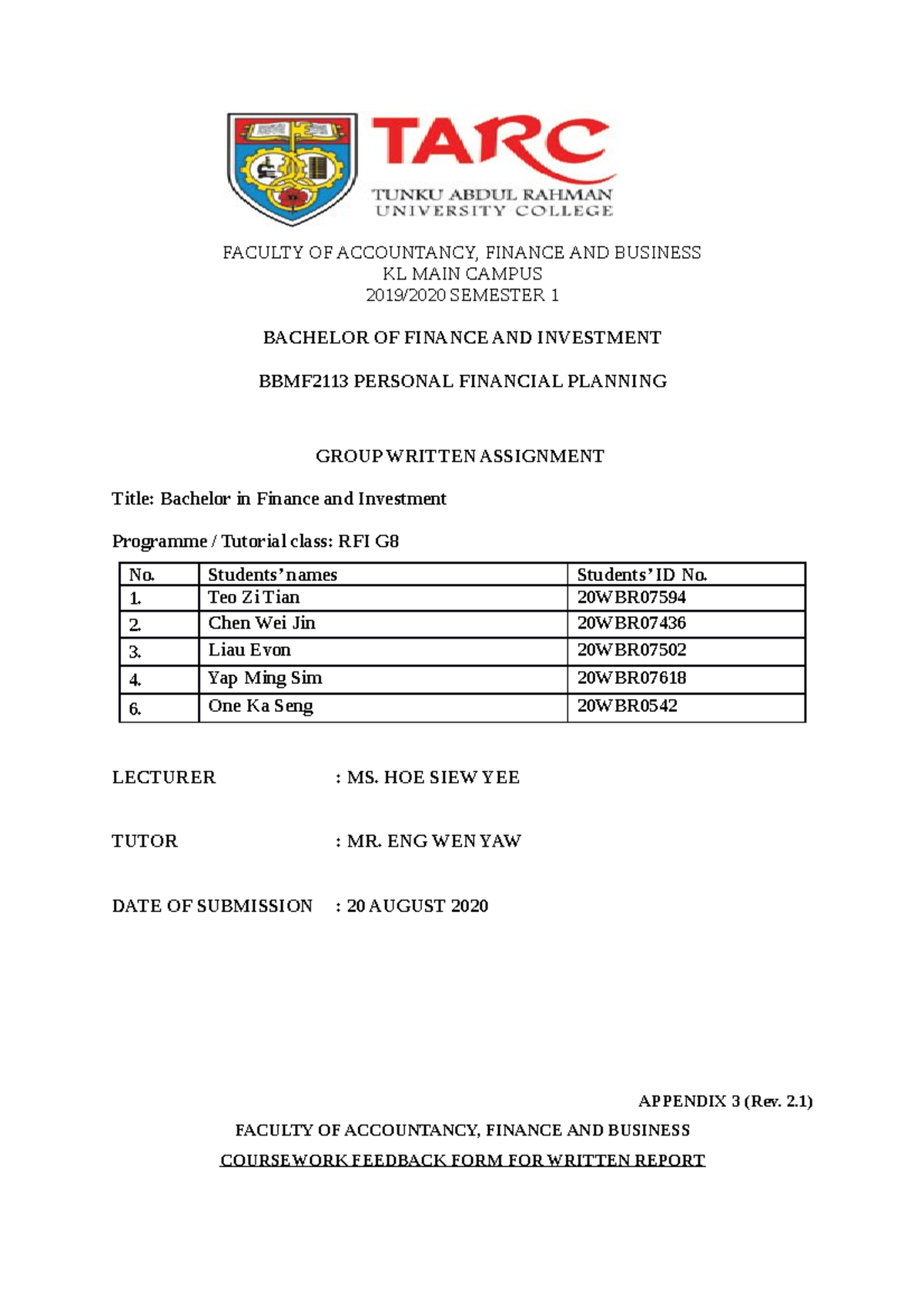PFP Group and Individual Assignment - FACULTY OF ACCOUNTANCY, FINANCE AND BUSINESS KL MAIN ...