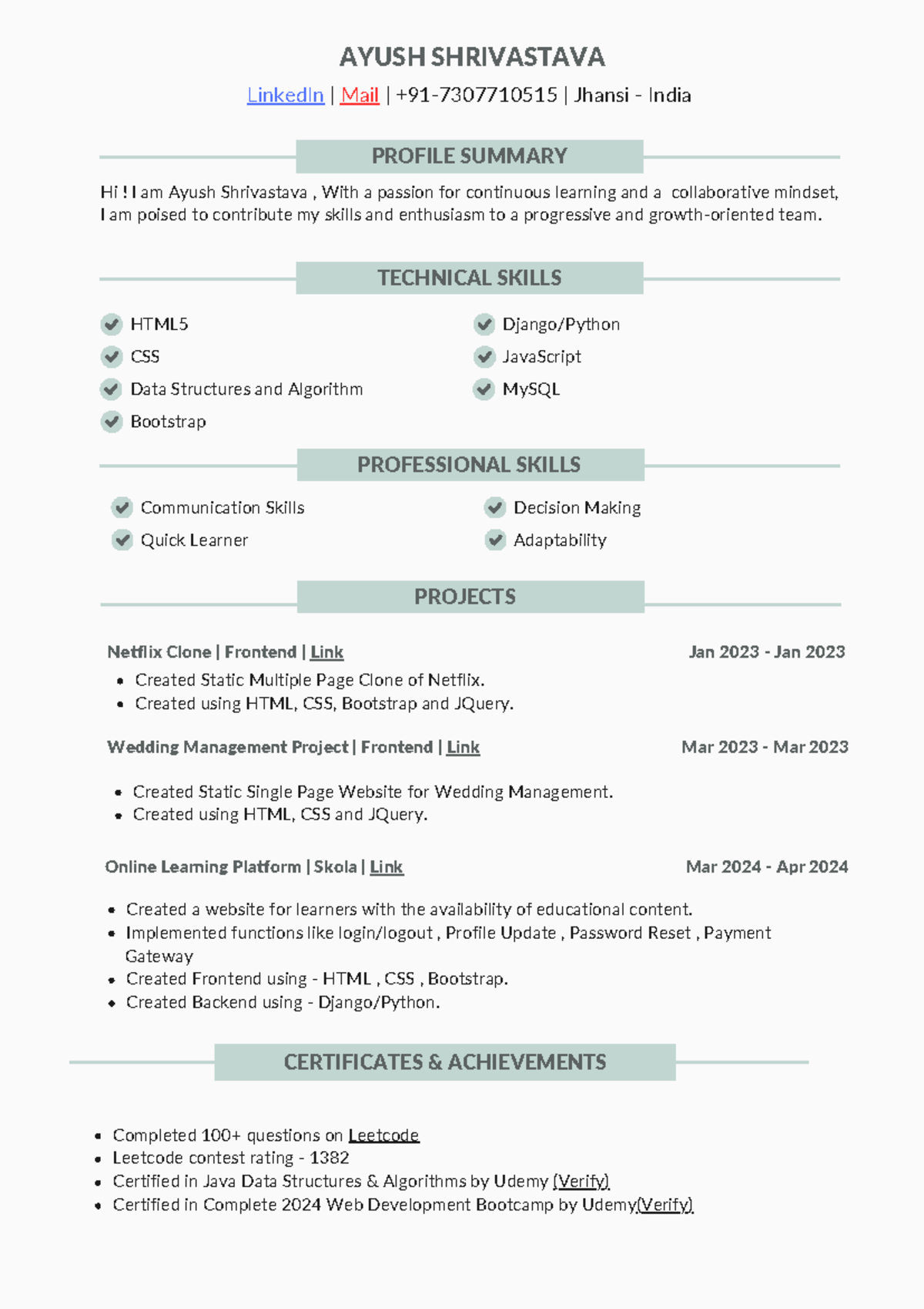 Ayush-Resume - AYUSH SHRIVASTAVA LinkedIn | Mail | +91-7307710515 | Jhansi - India PROFILE ...