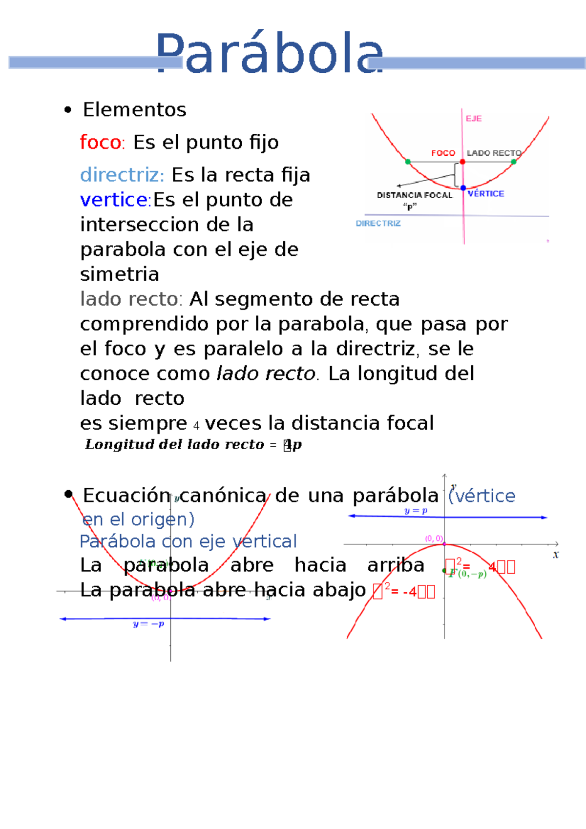 Parábola - parabola - Parábola Elementos foco: Es el punto fijo ...