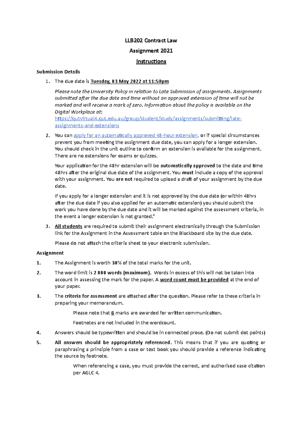 LLB202 Assignment 2 Instructions - LLB202 Contract Law Assignment 2021 ...