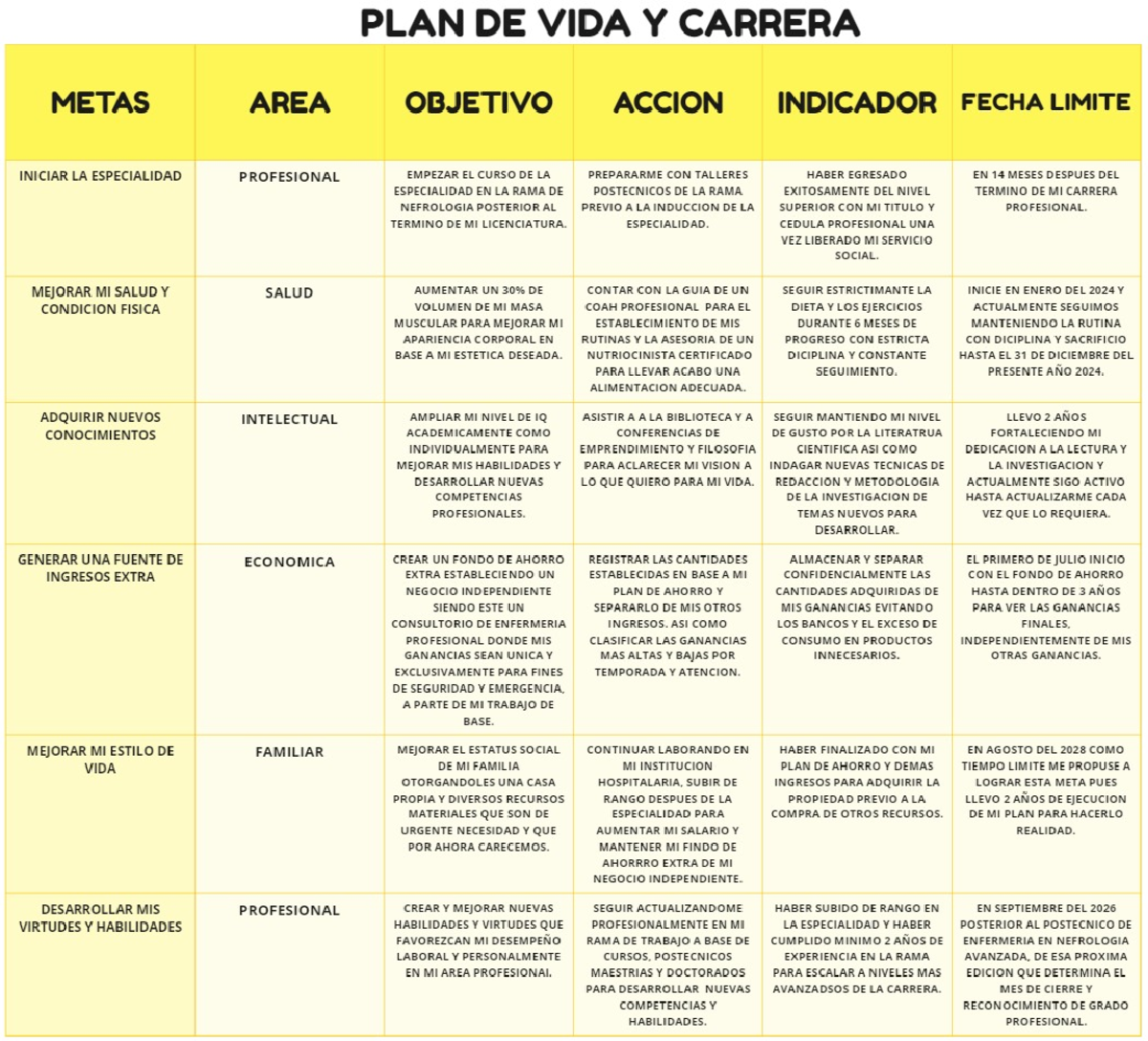 Cuadro Taller - PLAN DE VIDA Y CARRERA METAS AREA OBJETIVO ACCION INDICADOR FECHA LIMITE INICIAR ...