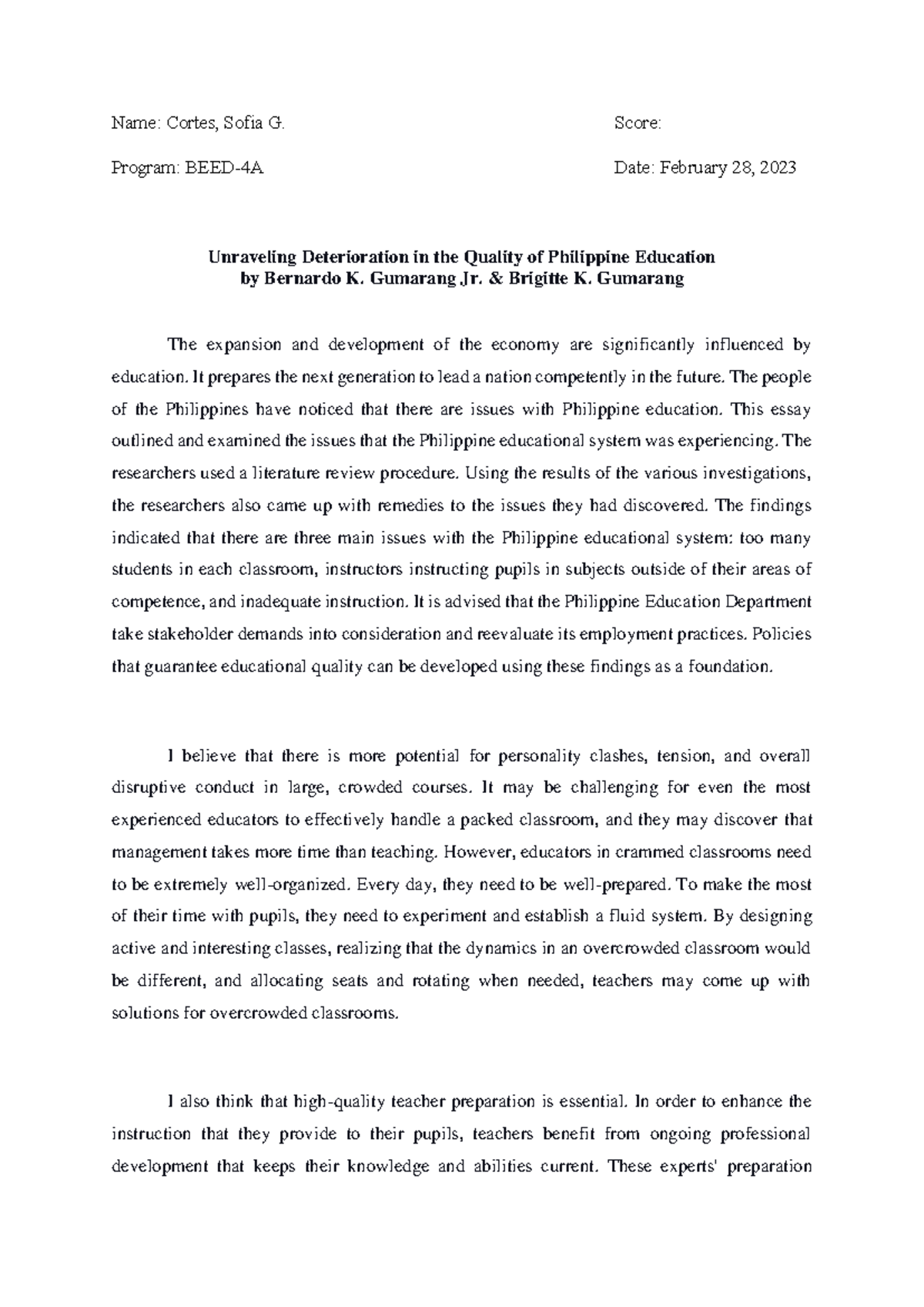 Unraveling Deterioration in the Quality of Philippine Education by ...