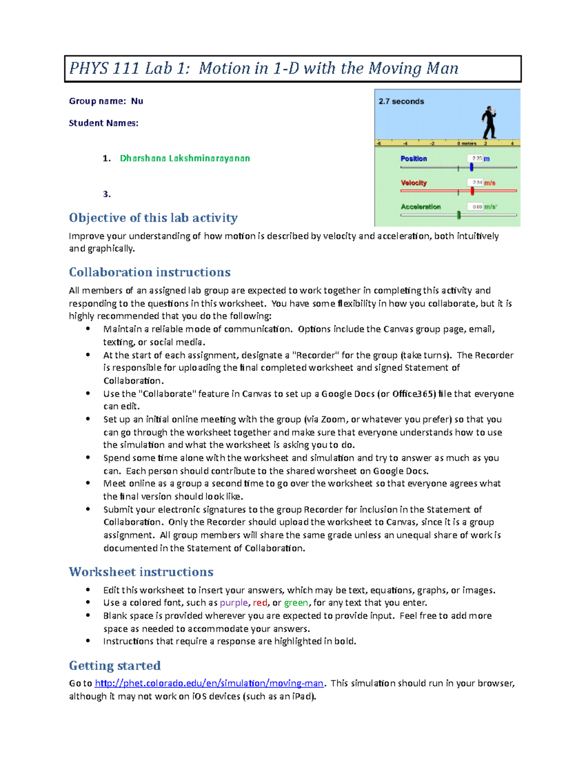 Lab1 Moving Man - PHYS 111 Lab 1: Motion in 1-D with the Moving Man ...