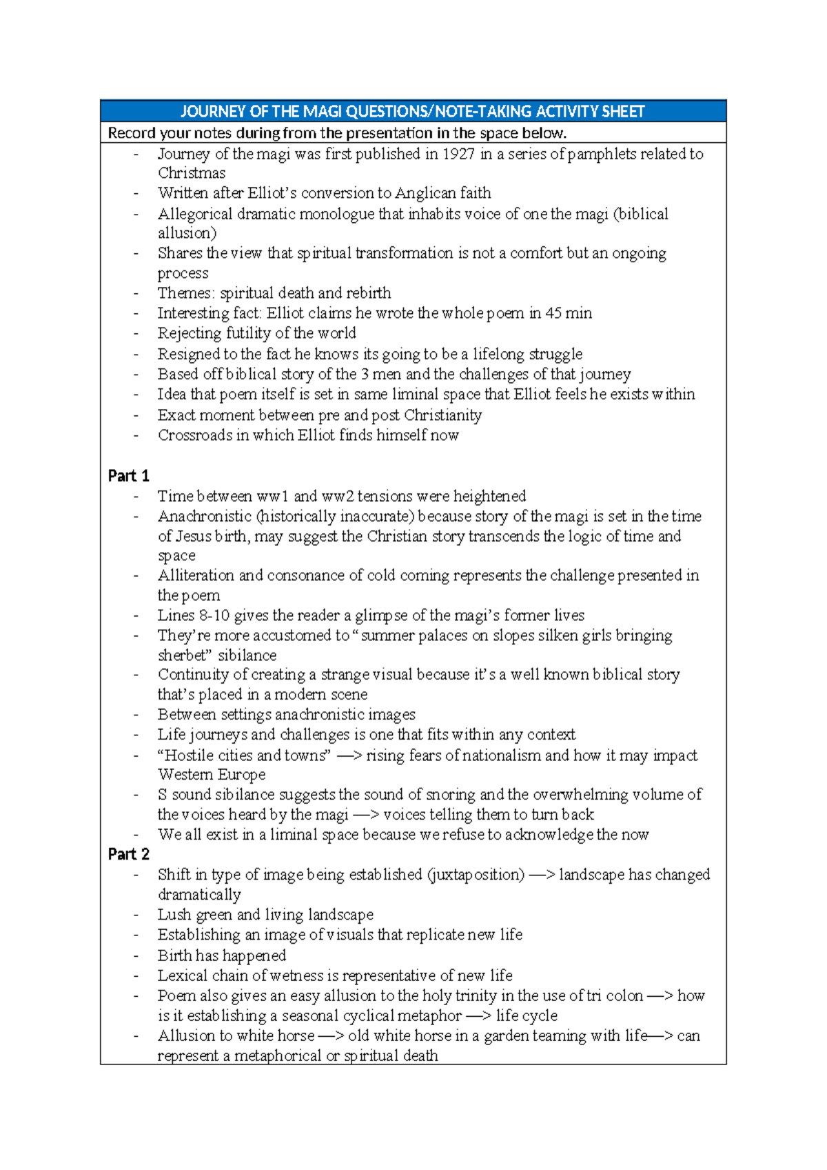 The Journey of the Magi Note-taking and Questions Activity Sheet copy ...