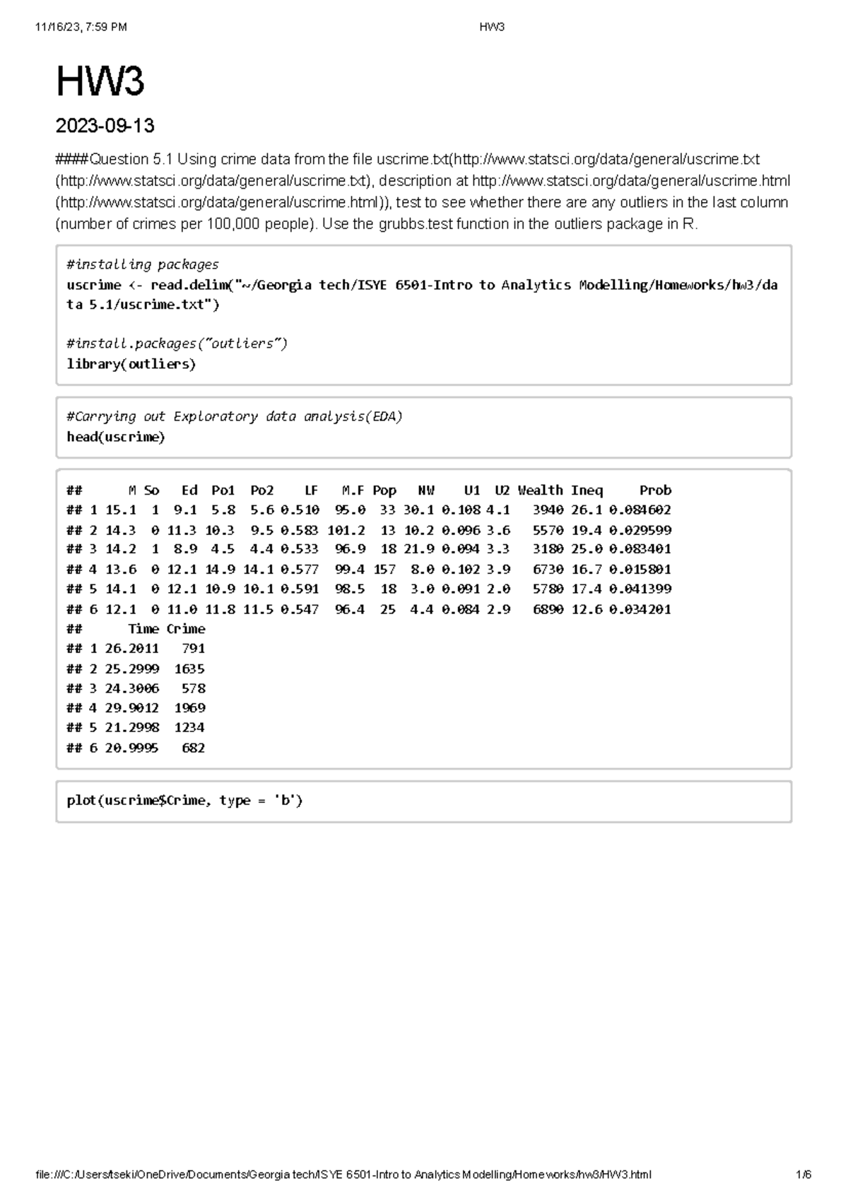 HW3 - Home work - HW 2023-09- ####Question 5 Using crime data from the ...