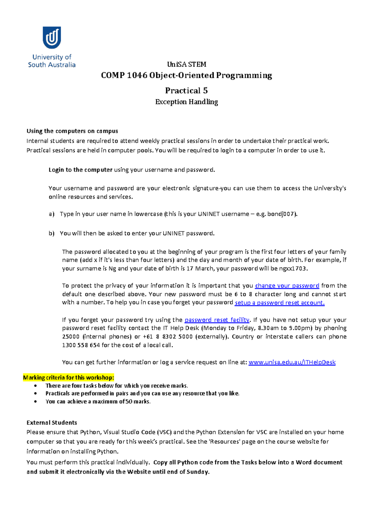 COMP 1046 OOP Prac 05 Exception Handling - UniSA STEM COMP 10 46 Object ...