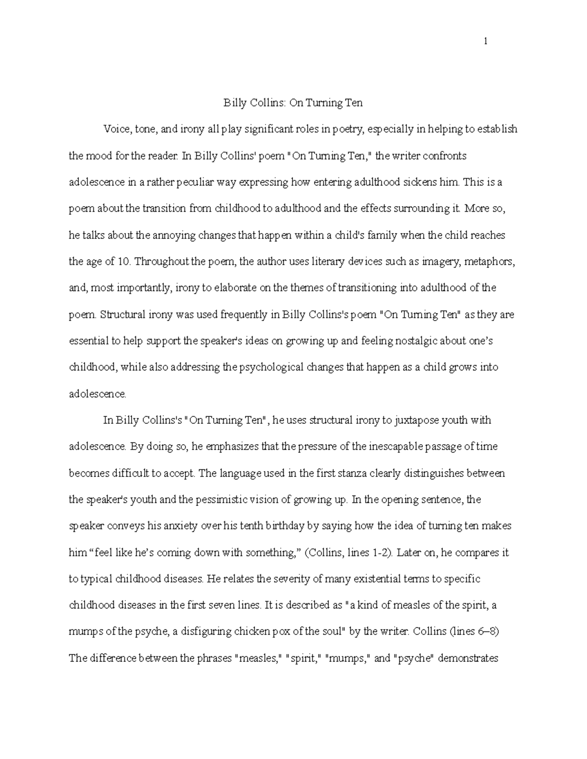 ENGL 100 First Essay - Billy Collins: On Turning Ten Voice, tone, and ...