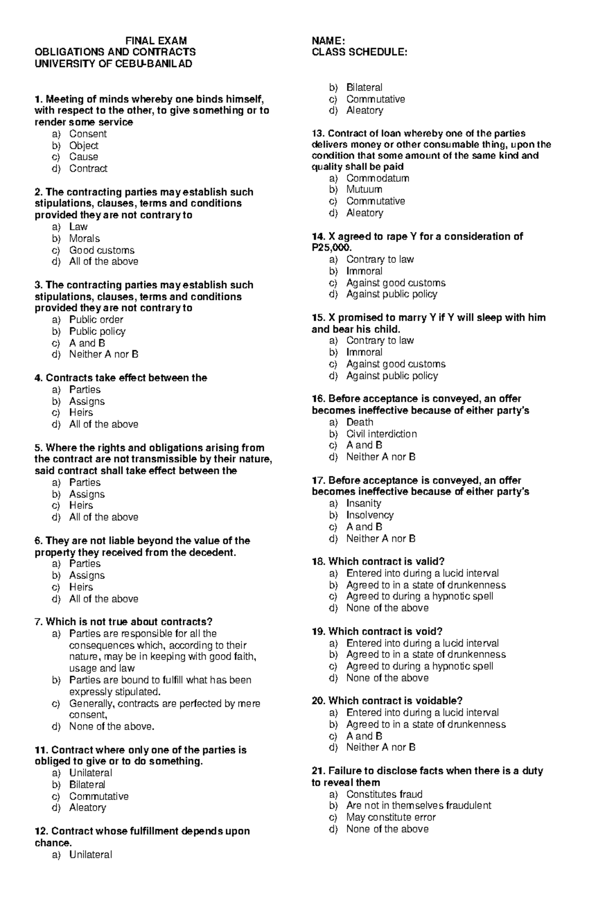 Obli Con-Final-Exam - Finals - FINAL EXAM OBLIGATIONS AND CONTRACTS ...