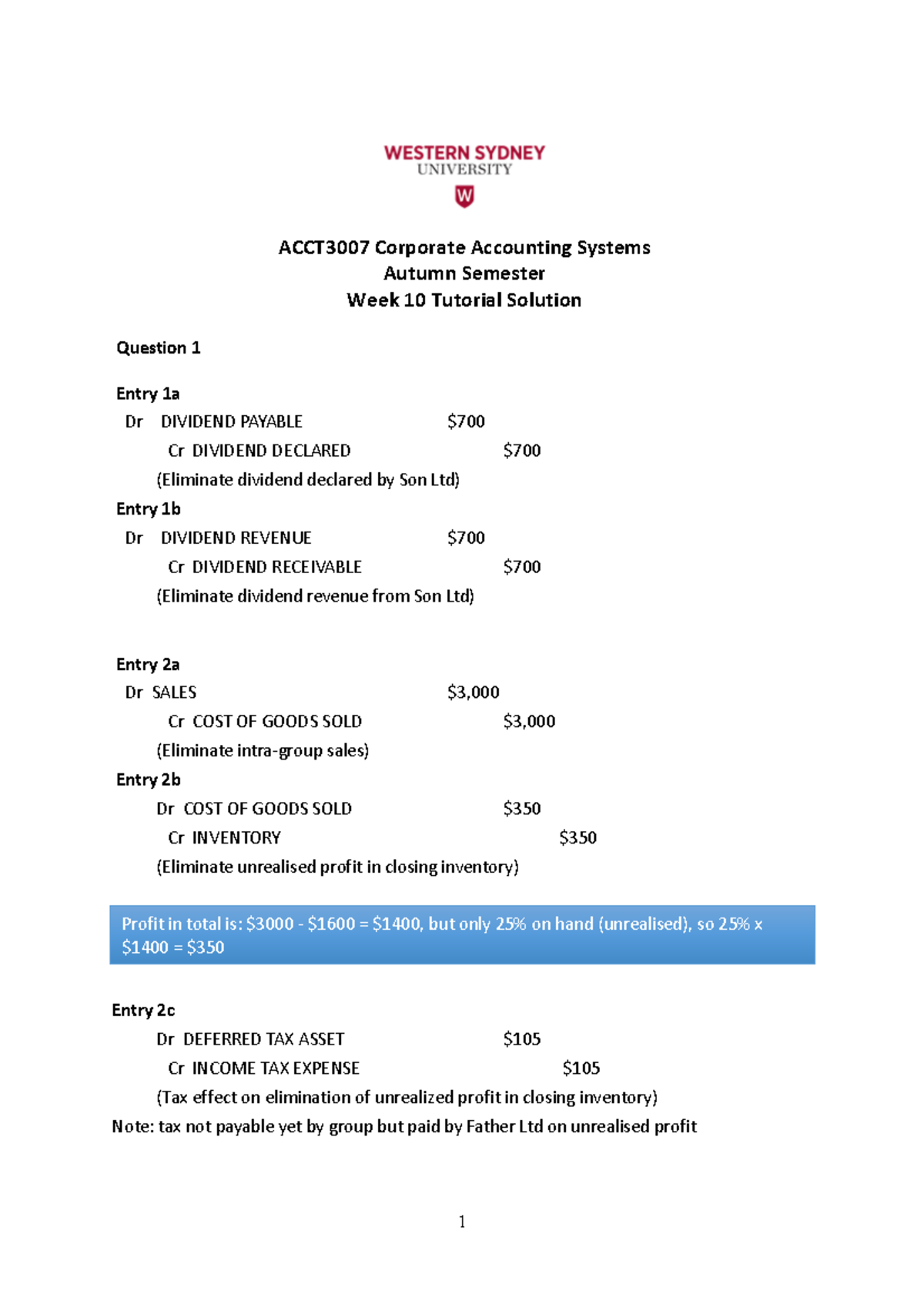 ACCT3007 Week 10 Tutorial Solution - ACCT3007 Corporate Accounting ...