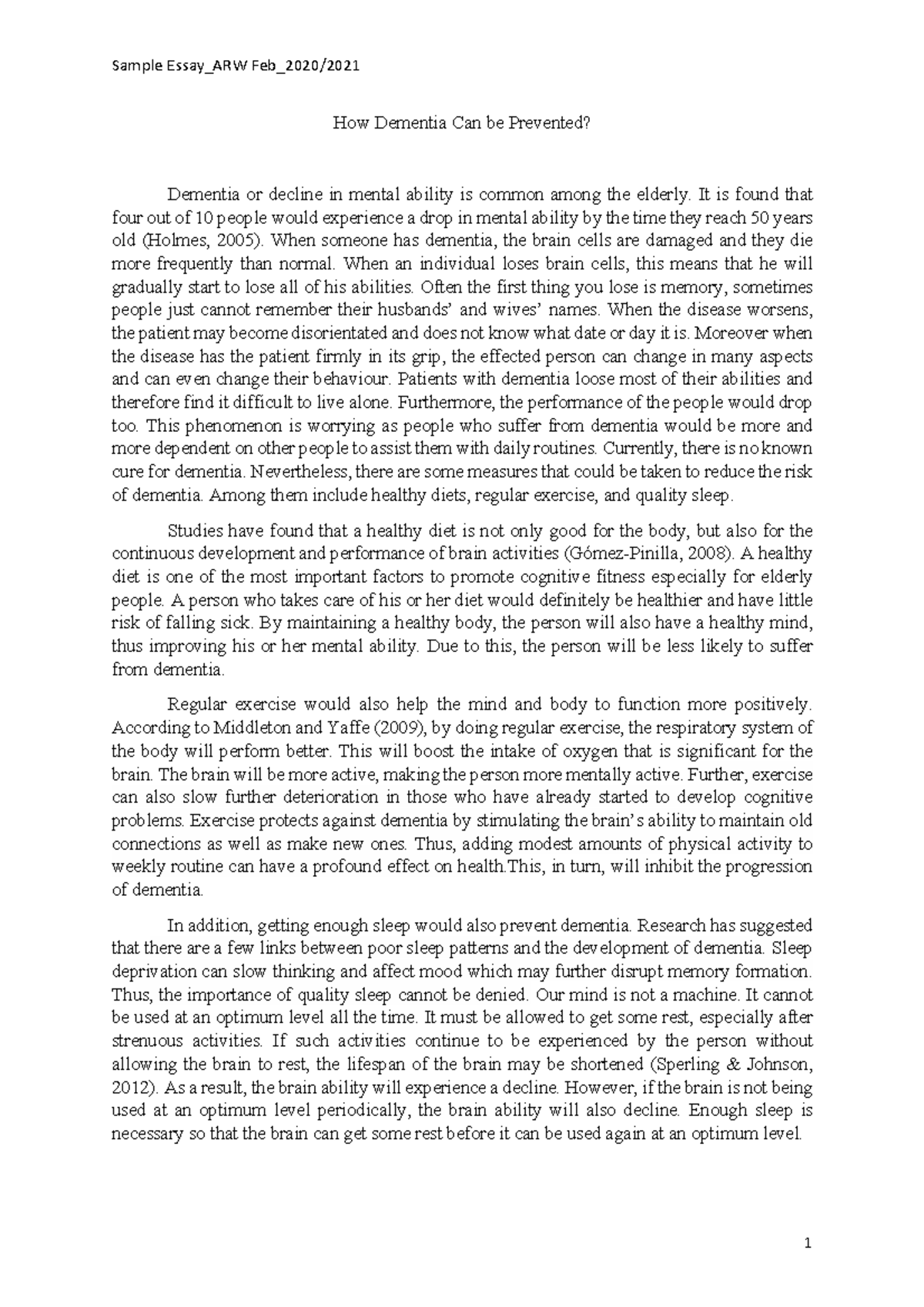 Full Sample essay about How Dementia Can be Prevented? - Sample Essay ...