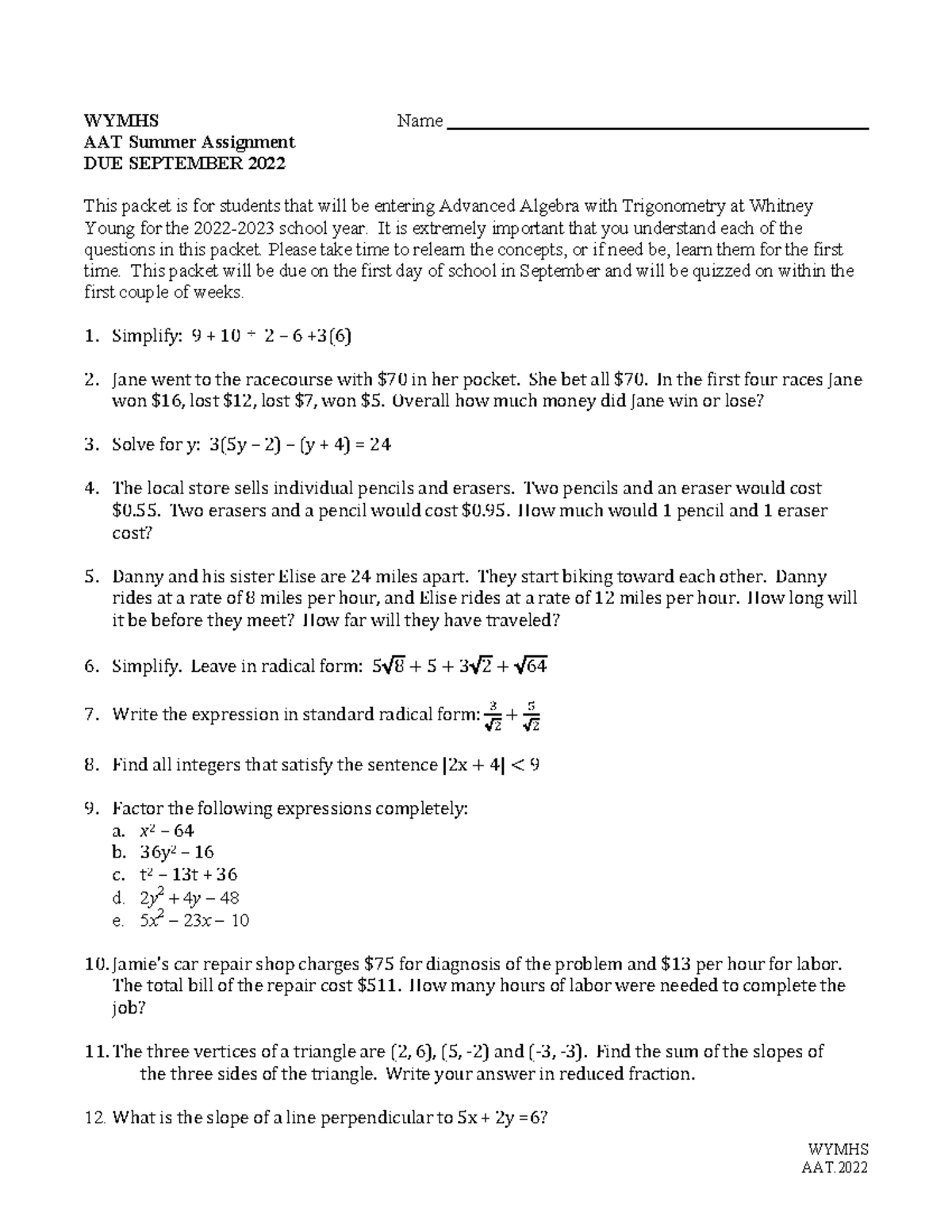 AATSummer Packet - math - WYMHS WYMHS Name AAT Summer Assignment DUE ...